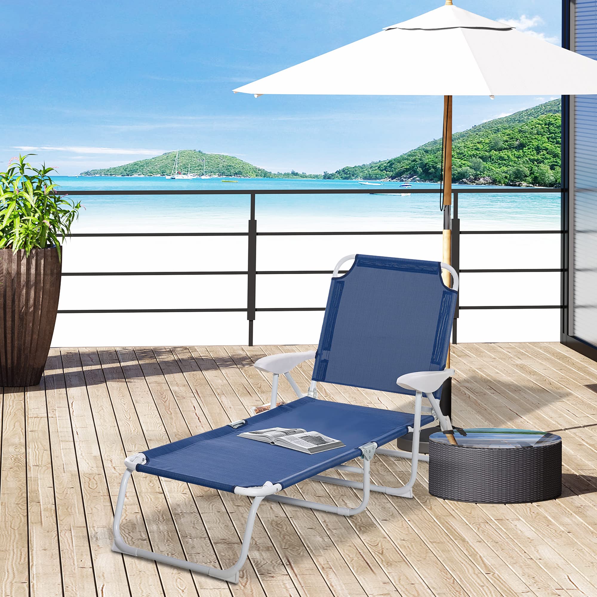 Outsunny Folding Lounge Chair, Portable Outdoor Chaise Lounge, Sun Tanning Chair with 4-Position Reclining Back, Armrests, Metal Frame and Mesh Fabric for Beach, Yard, Patio, Blue