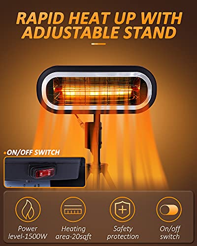 KUTON Outdoor Electric Heater, 1500W Infrared Patio Heater, Standing Indoor Heater with Telescopic Tripod, Tip-Over & IP65 Waterproof For Garage Backyard, Angle Adjustable, YD-SH-B