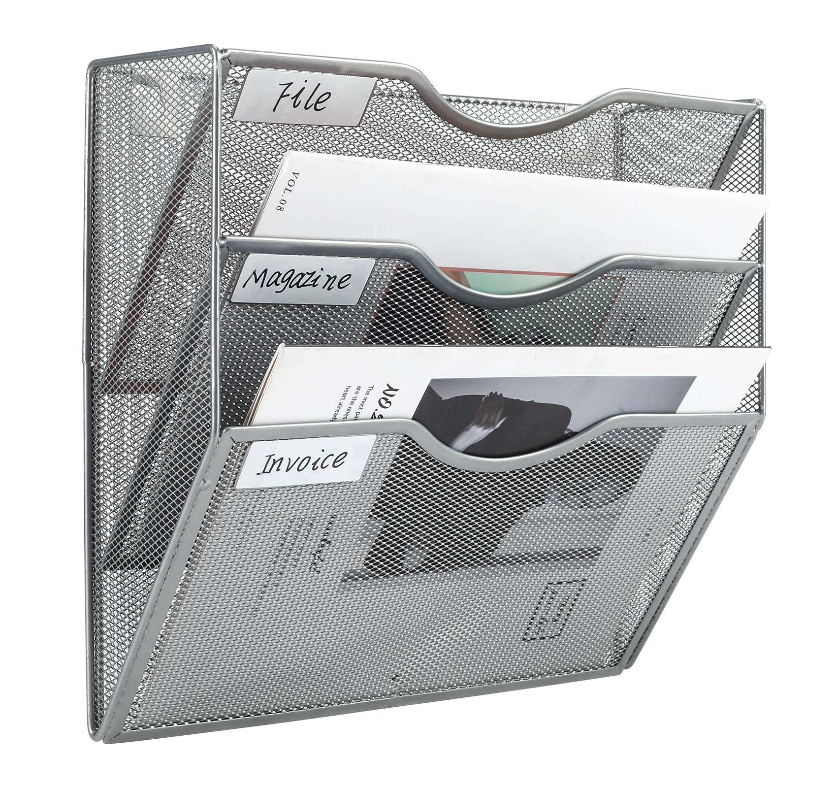 EasyPAG 3 Tier Wall File Holder Hanging Mail Organizer Meta Wall Mount Magazine Rack for Home and Office,Silver