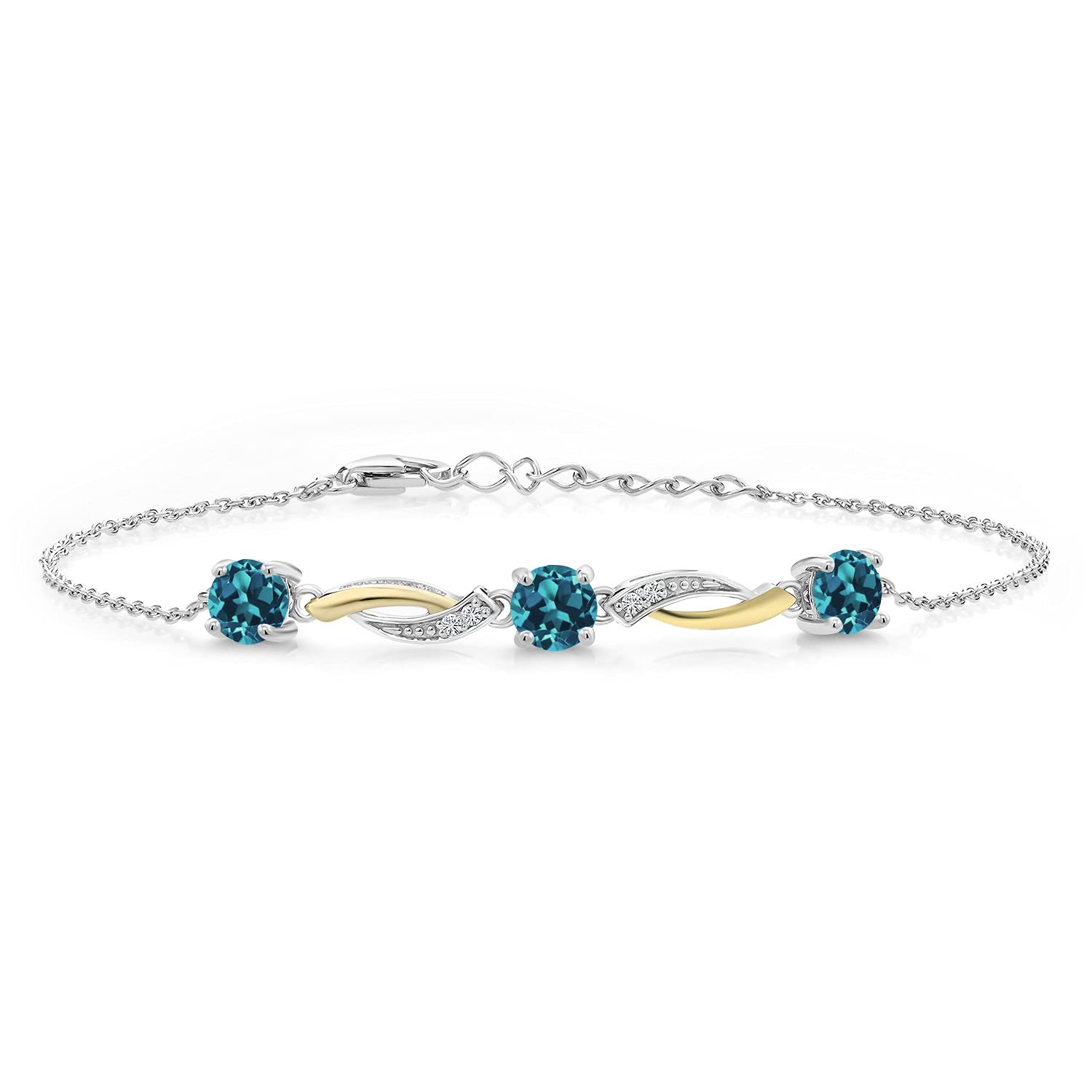 Gem Stone King 925 Silver and 10K Yellow Gold London Blue Topaz and White Lab Grown Diamond Tennis Bracelet For Women (2.14 Cttw, Gemstone Birthstone, 7 Inch, with 1 Inch Extender)