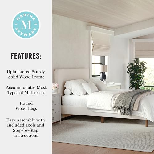 Martha Stewart Britta Platform Bed with Headboard & Footboard, Faux Linen Upholstery with Piping Detail, Rounded Headboard, No Box Spring Needed, Full, Beige