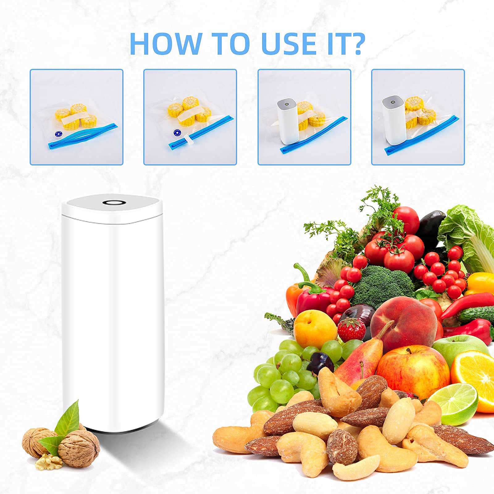 Domsanistor Handheld Vacuum Sealer Machine, Automatic Food Vacuum Pump, Sous Vide Vacuum Sealer Portable Vacuum Sealer Machine for Vacuum Food, Furits Storage and Preservation (Battery not Included)