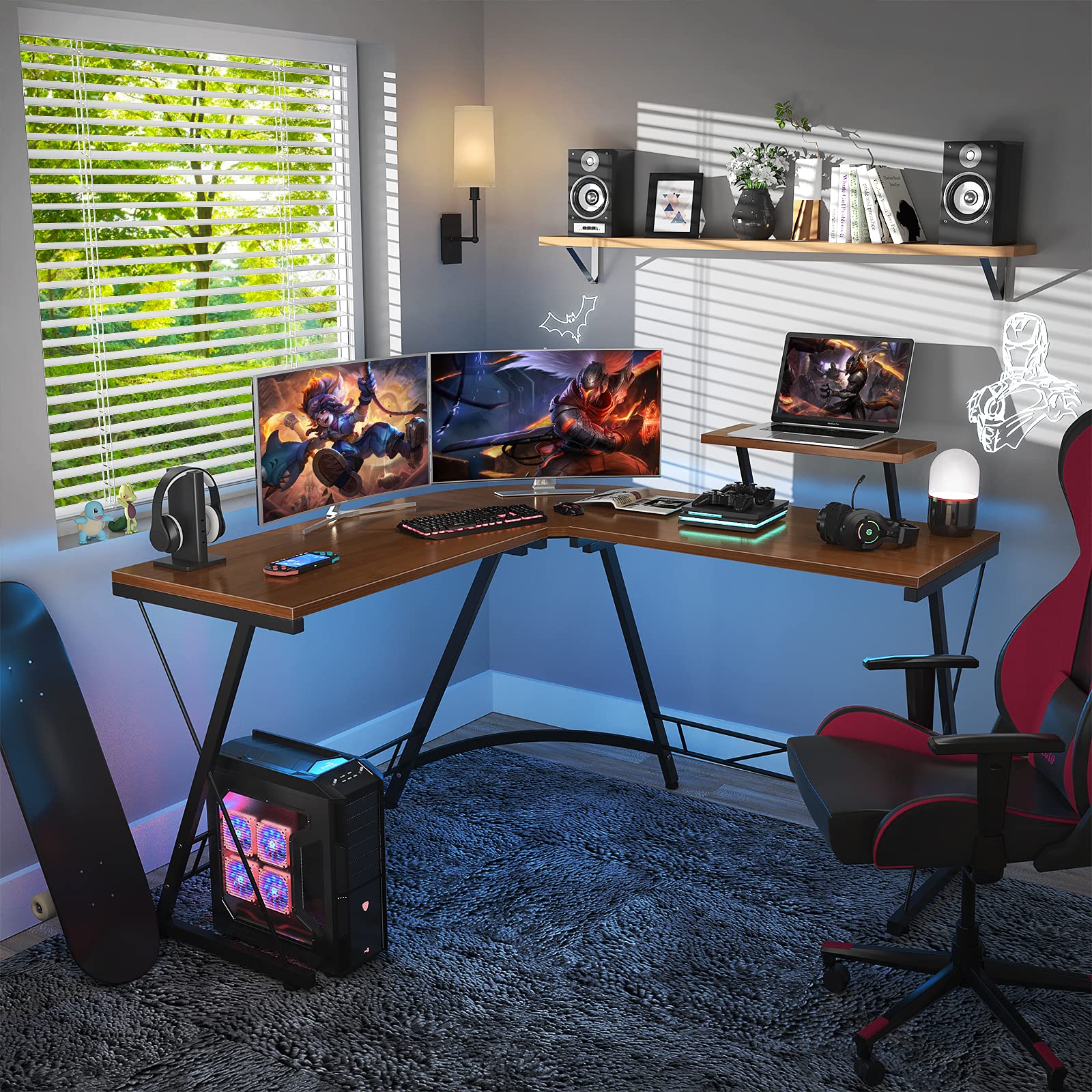 Foxemart L Shaped Gaming Desk 51'' Corner Gaming Desk Home Office Desks with Large Monitor Stand Computer Desk with Round Corner, Teak