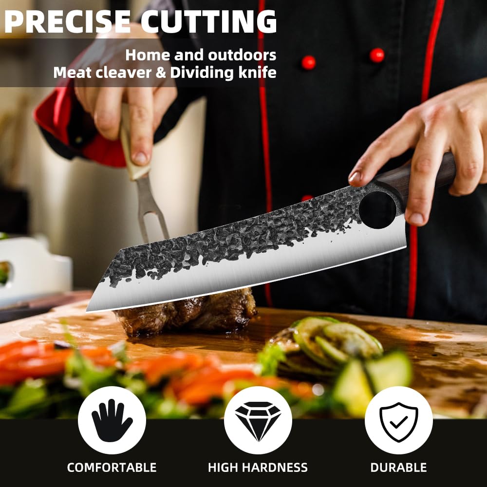Sharp Chef Knife Hand Forged Meat Cleaver Professional Butcher Knife for Meat&Bone with Ergonomic Handle and Sheath, for Kitchen BBQ Outdoor Camping Ideal Gift (8.3 inch)
