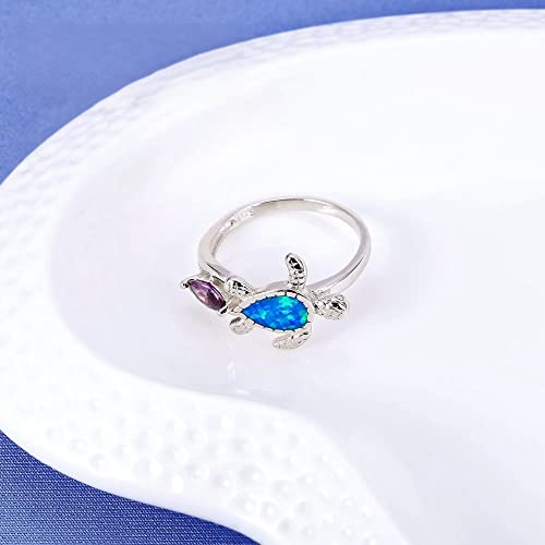 Fire Opal Ring Blue And Purple Color Wedding Band Luxury Turtle Jewelry 925 Sterling Silver Ring For Women