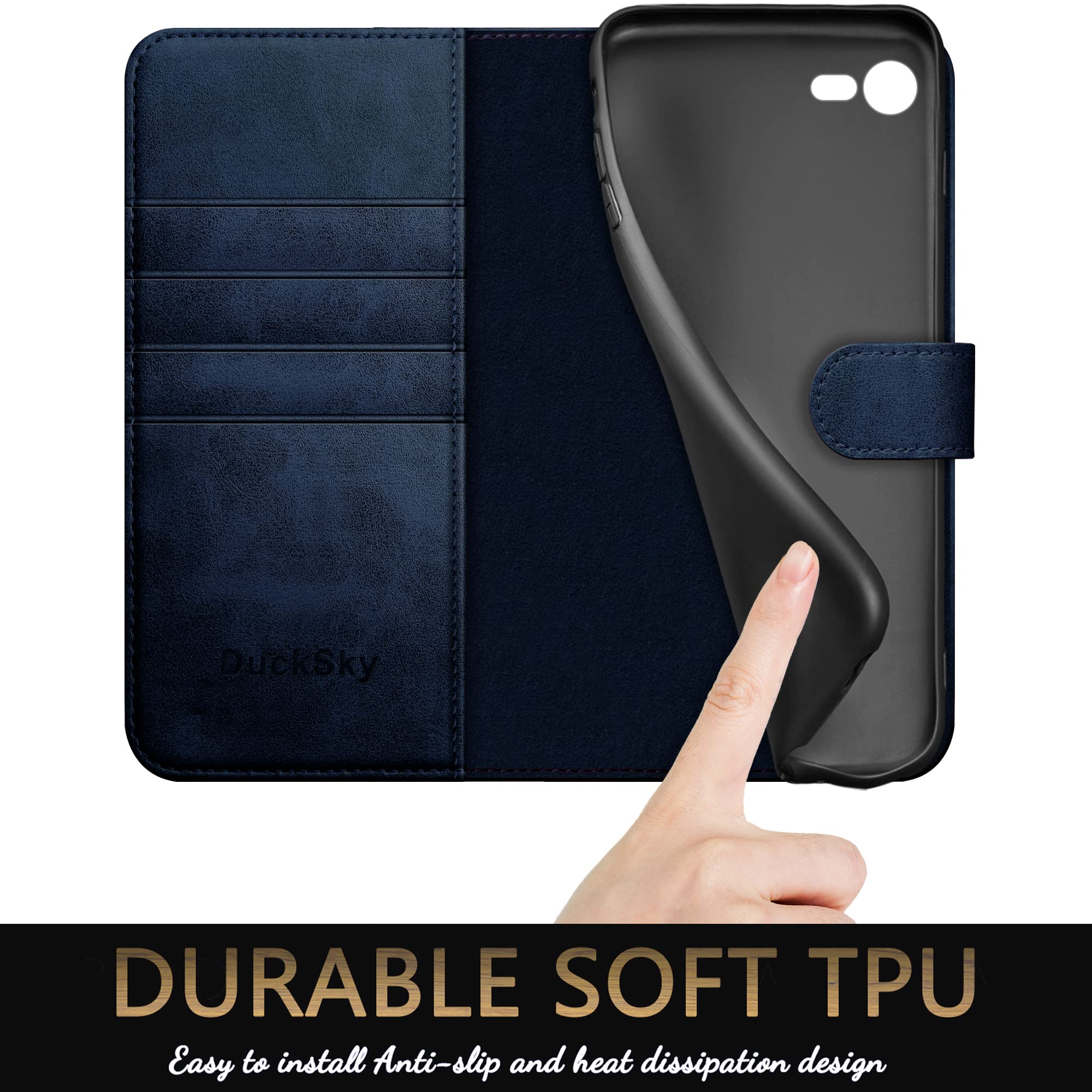 DuckSky for iPhone 7/8/SE 2020/SE 2022 Genuine Leather Wallet case【RFID Blocking】【4 Credit Card Holder】【Real Leather】Flip Folio Book Phone case Protective Cover Women Men for apple 7/8 case Dark Blue