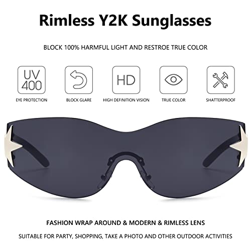 LIKSMU Rimless Y2K Sunglasses for Women Men Wrap Around Fashion Sunglasses Oversized Frameless 2000s Trendy Sun Glasses Black Lens and Black Frame