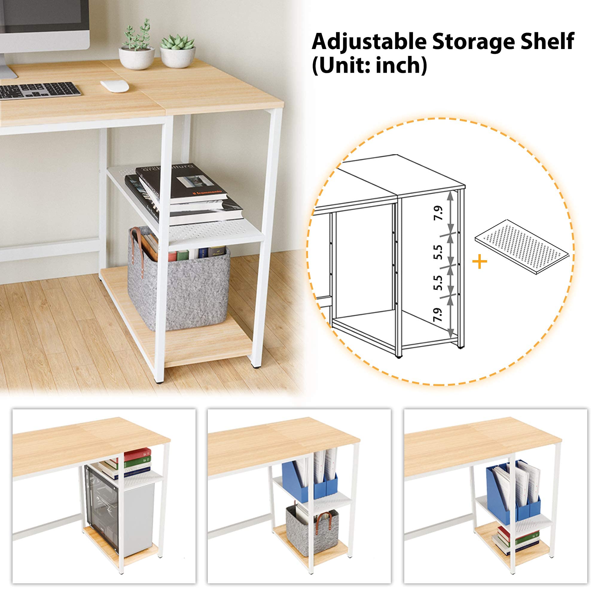 DOMY HOME Office Desk w/Storage Shelves, 43" Small Student Kids Writing Desk Headphone Hook Bedroom Dormitory PC Laptop Home Office Table Sturdy Metal Frame, Easy Assembly Oak