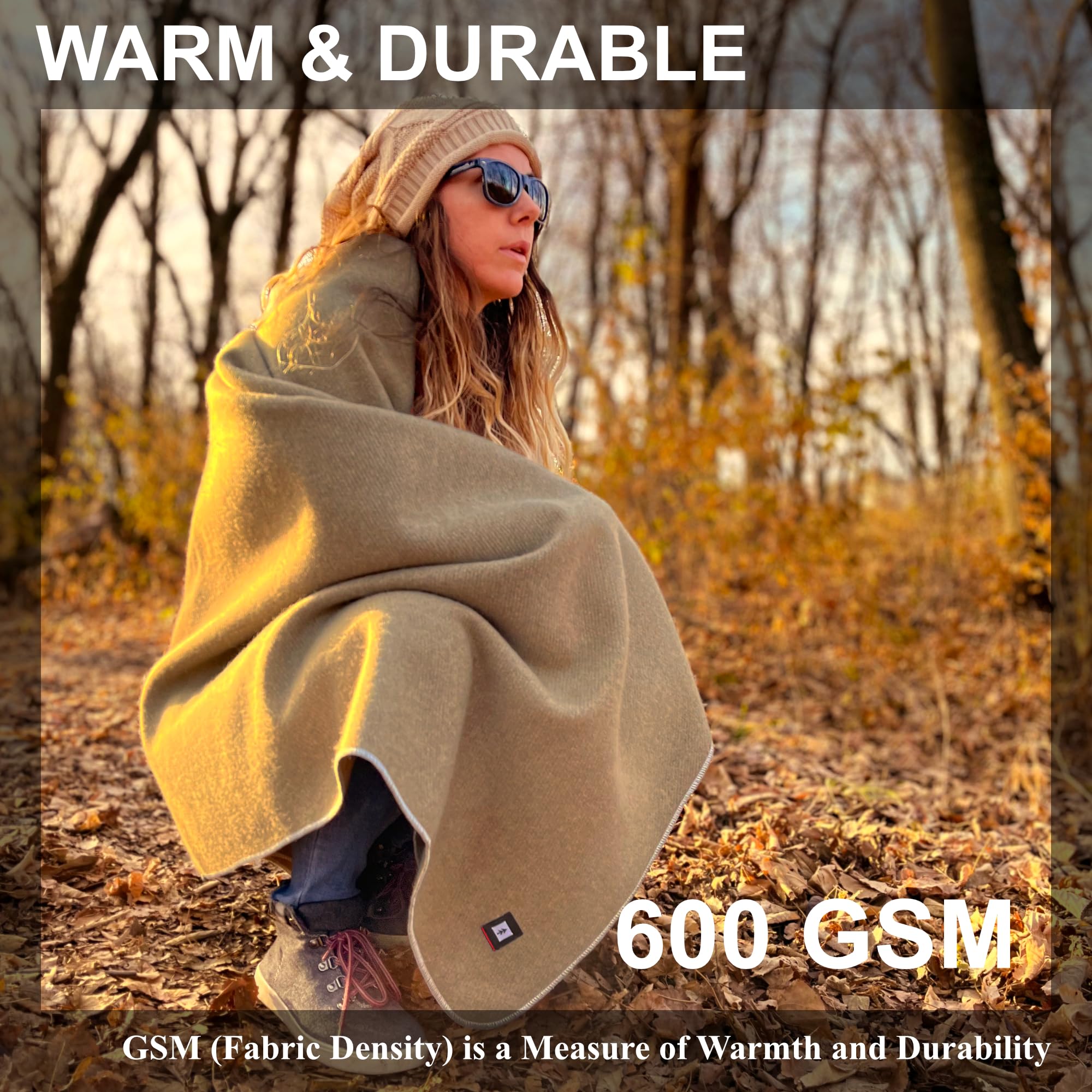 EKTOS 100% Wool Blanket, 90" x 66", Warmest Blanket, Military Blanket, Thick Wool Blanket (Light Brown, Twin Size)