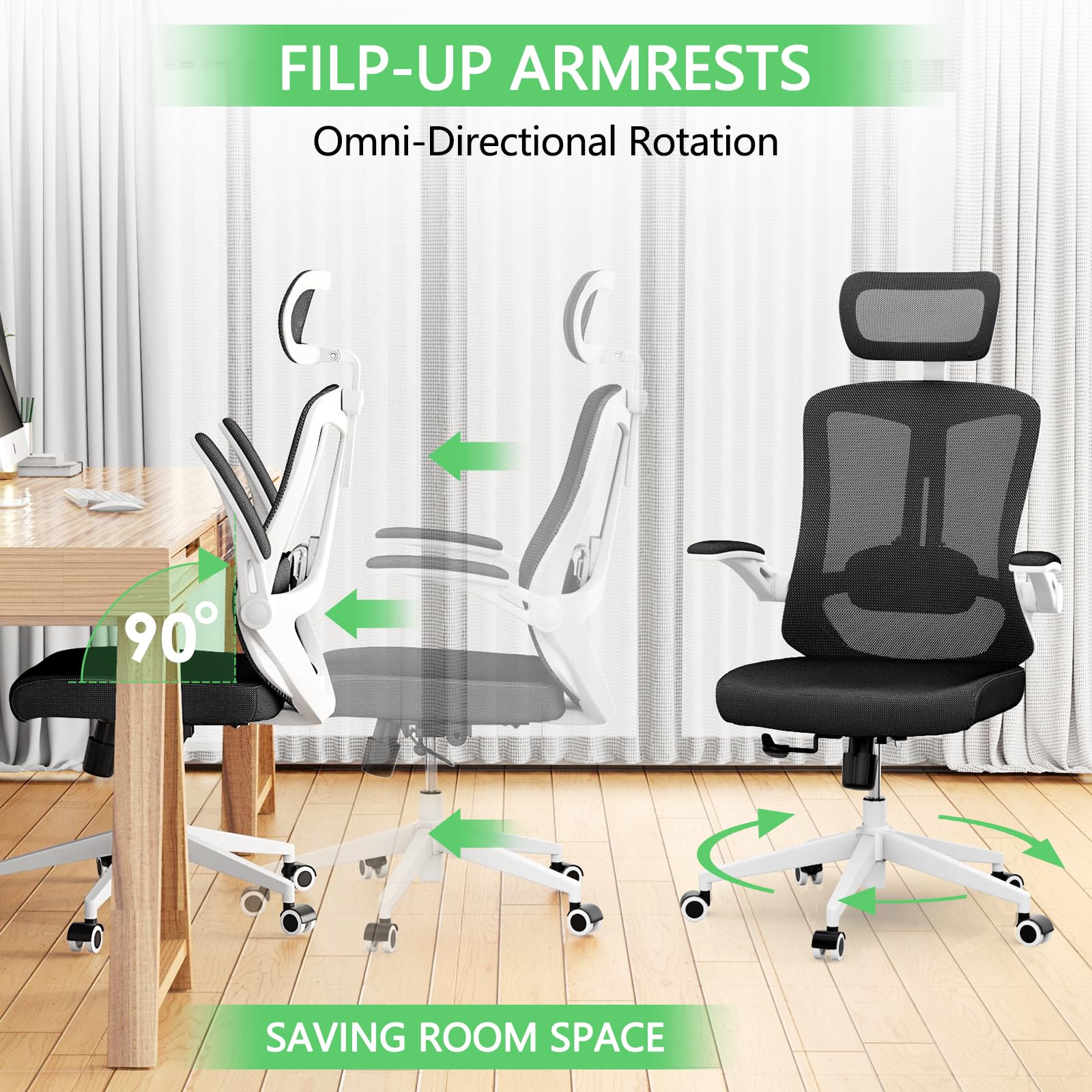 Ergonomic Office Chair, Home Office Desk Chair with Adjustable Headrest & Lumbar Support, Swivel High Back Computer Chair, Breathable Mesh Chair, PU Silent Wheels, Flip-Up Arms (Onyx Black)