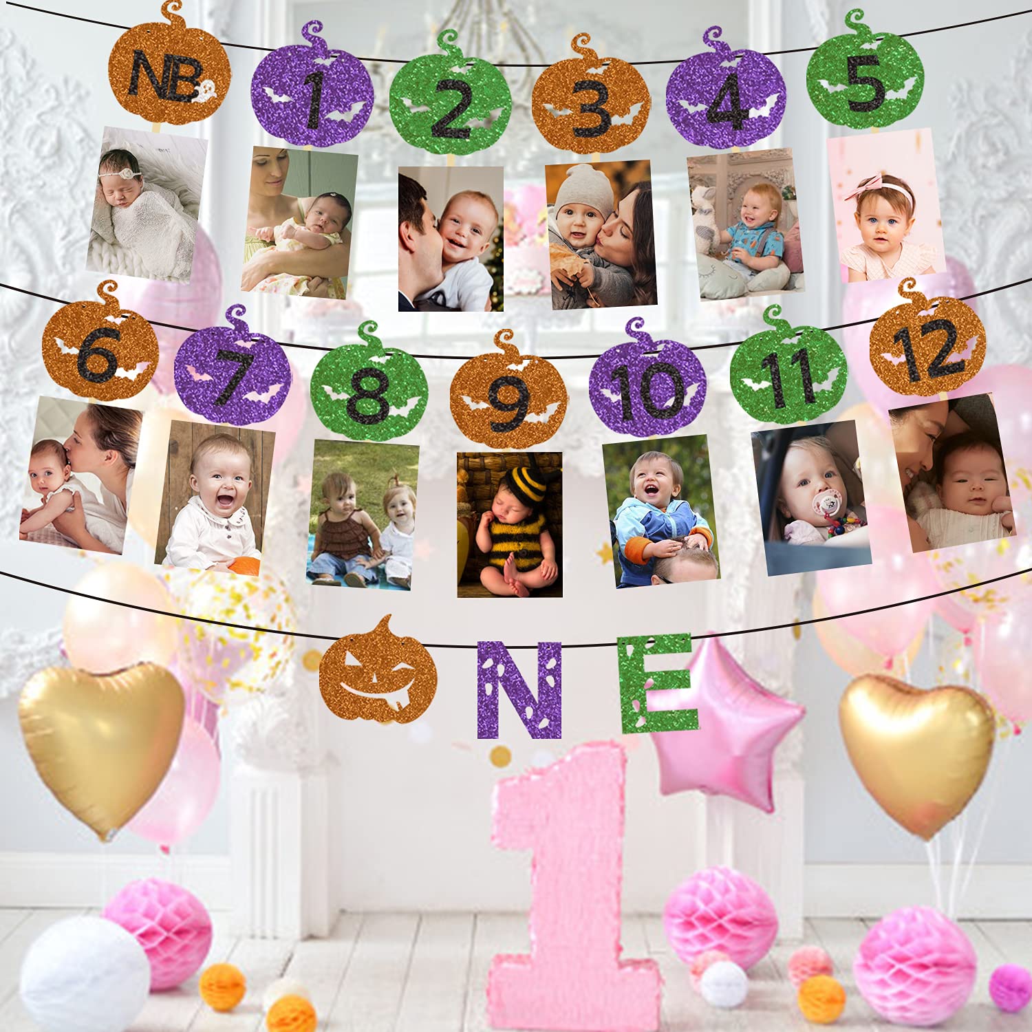 Halloween 1ST Birthday Party Decorations Pumpkin 12 Month Photo Banner for First Birthday Halloween First Birthday Decorations The Spooky One Birthday Decorations
