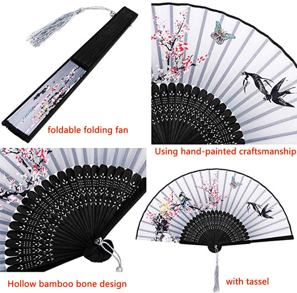Folding Fan Handheld, Elegant Red Plum Handmade Hand Fan Foldable with Pink Tassel Aesthetic Japanese Chinese Fan Summer Portable Handheld Fan for Dance Party Wedding Gift