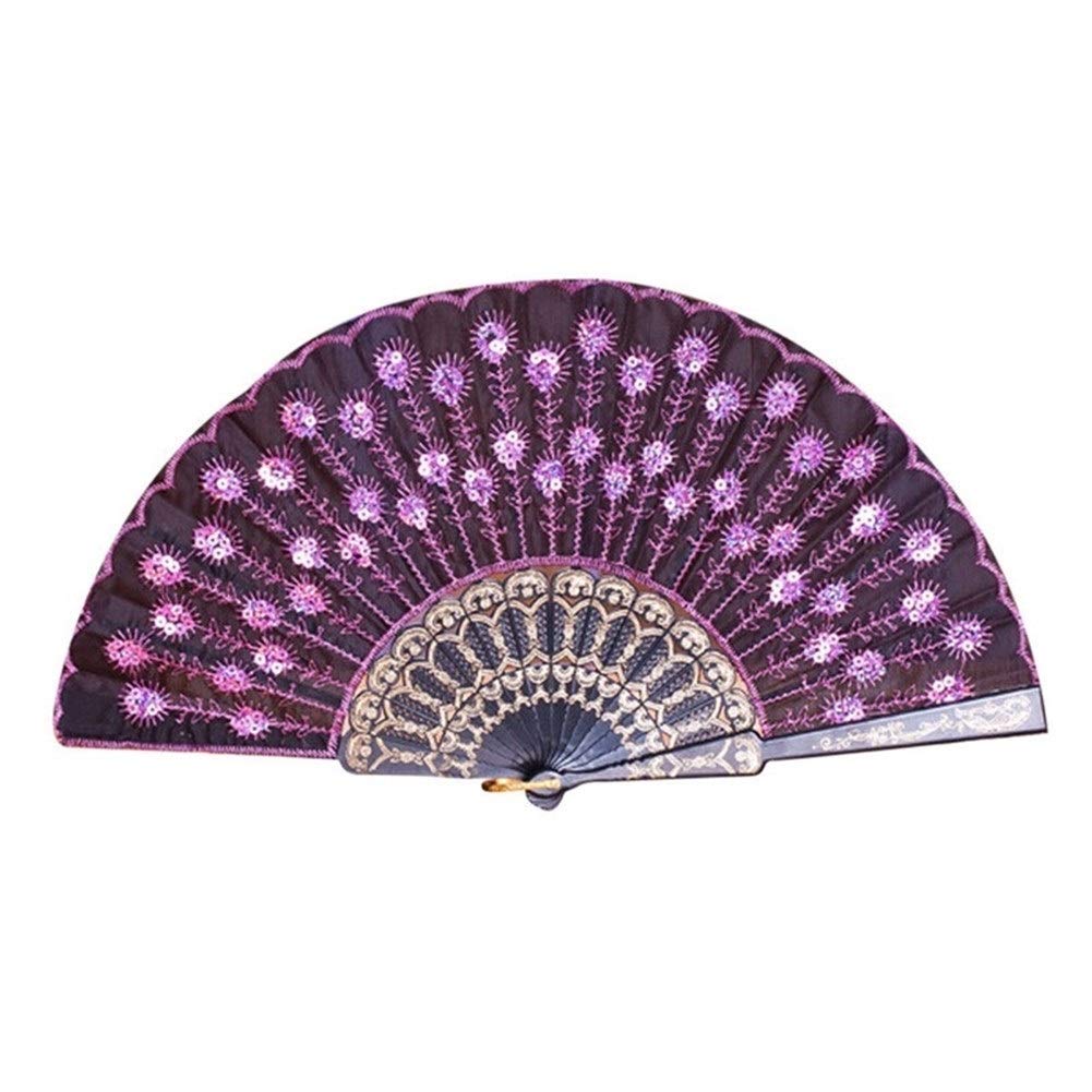 Folding Fan Peacock Pattern Folding Hand Held Fan Embroidered Sequin Party Wedding Prom Chinese Spain Hand Fan Folding Fan (E)
