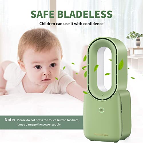 Misby Desk Fan, Portable Bladeless Fan 11.8 inch Personal Cooling Fan with 4 Speeds, Leafless 5 Colors LED Lights Touch Control Small Quiet Table Fans For Home, Bedroom, Office(Green)