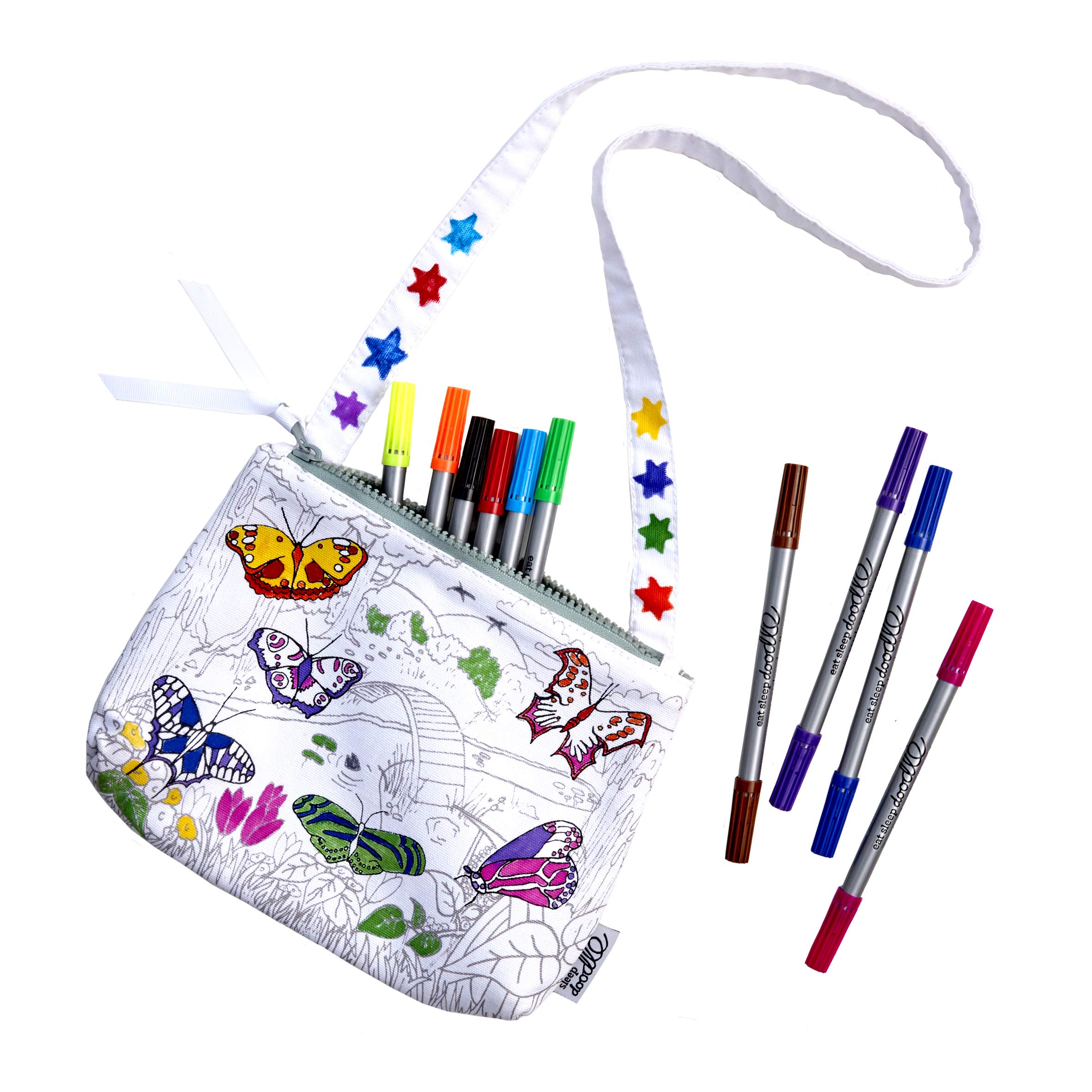 eatsleepdoodle Butterfly Coloring Crossbody Bag for Kids w/ 10pk Washable Markers for Kids - 8.5x7in Kids Coloring Crossbody Bag