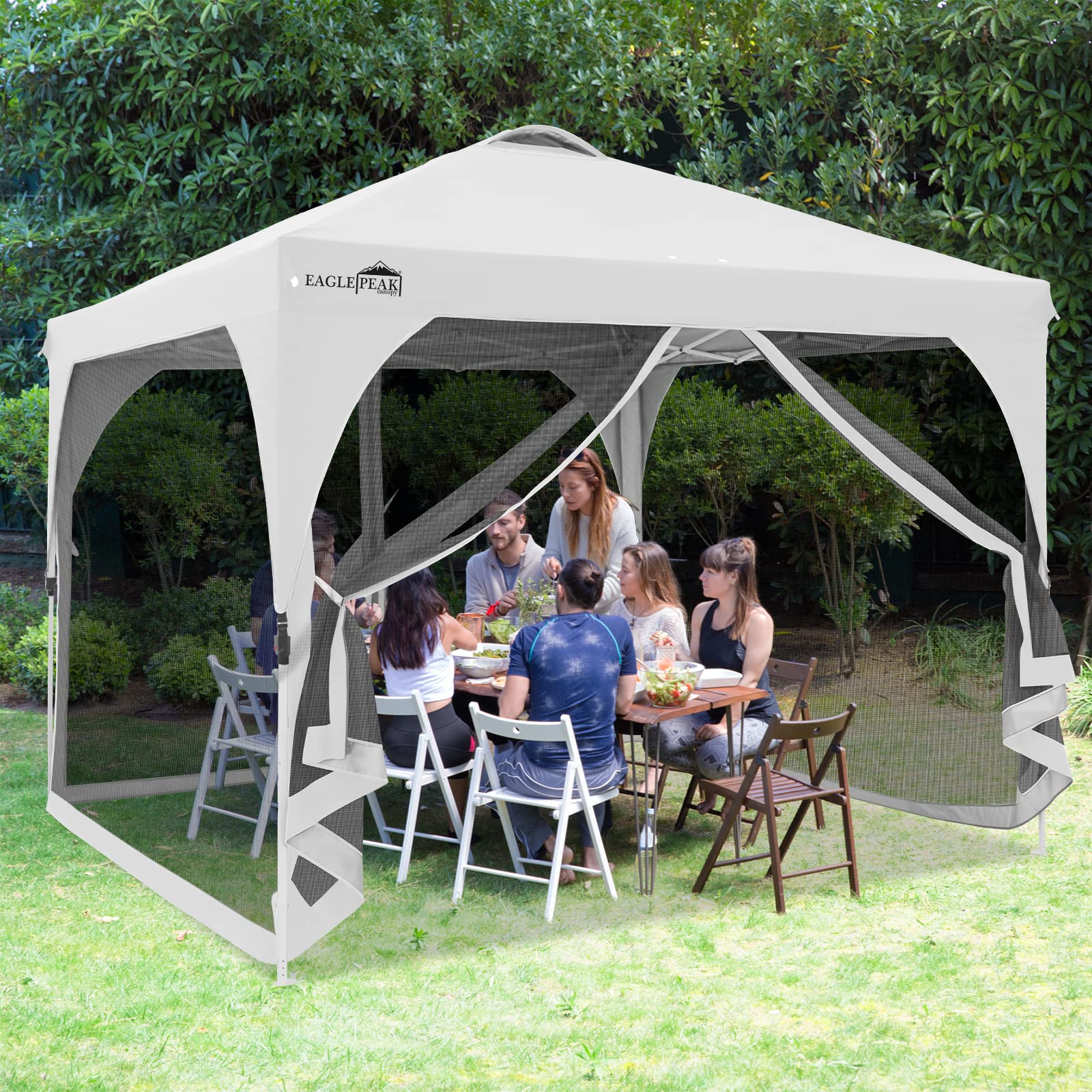 EAGLE PEAK 10' x 10' Outdoor Pop Up Canopy Tent, Pop Up Screenhouse, Portable Sun Shelter with Mosquito Netting, Vented Top and Wheeled Carrying Bag, White