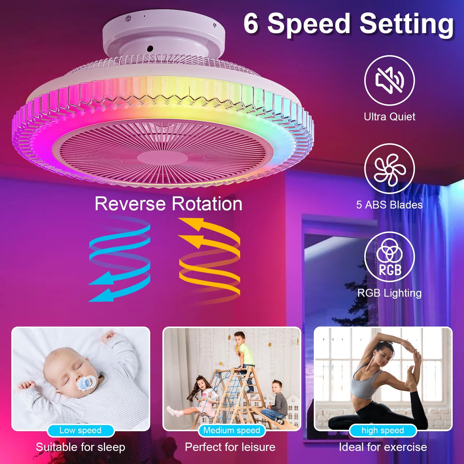 EIDEARAY 20" Low Profile Ceiling Fan with Light Bladeless RGB Ceiling Fans with Bluetooth Speaker 6 Wind Speeds Flush Mount Fan Light with Remote Control & App for Bedroom Living Room Dining Room