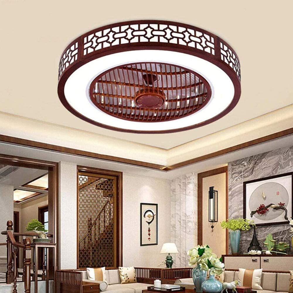 FAiruo Modern Chinese Led Ceiling Fan with Remote Control 64W Invisible Semi-Recessed Installation Solid Wood Adjustable Wind Speed Ceiling Light Fan with Fans Bedroom Living Room Dining