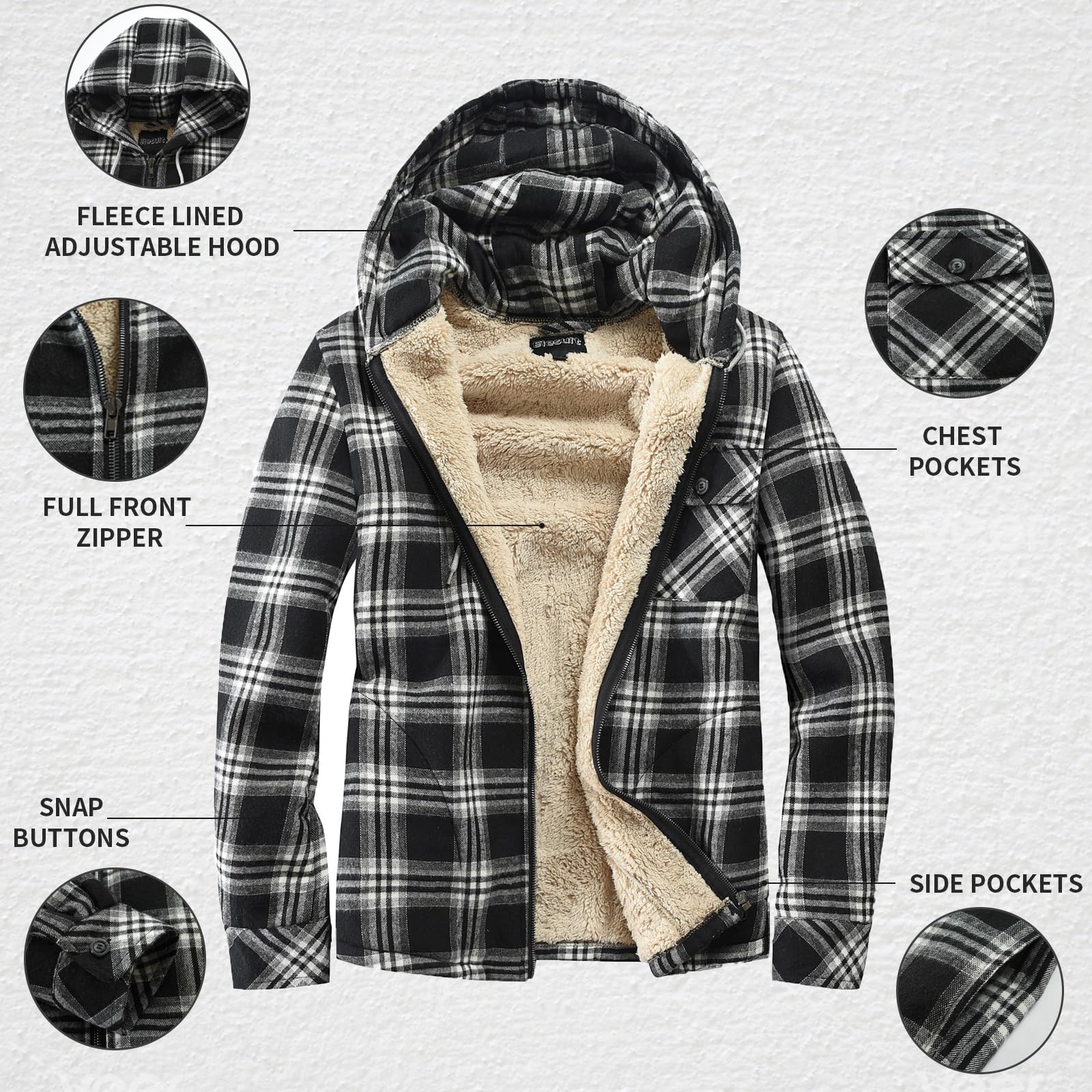 Elesuit Men's Flannel Shirt Jacket Plaid Full Zip Hoodie Fleece Lightweight Jacket Warm Winter Casual Thick Coats Black Large