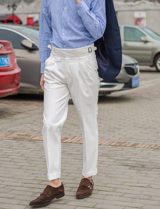 SNOLY Men's Spring Fall Retro Cotton Tapered Leg Flat Front Chino Pant Straight Western Gurkha Pants (as1, Alpha, m, Regular, Regular, White, Regular)