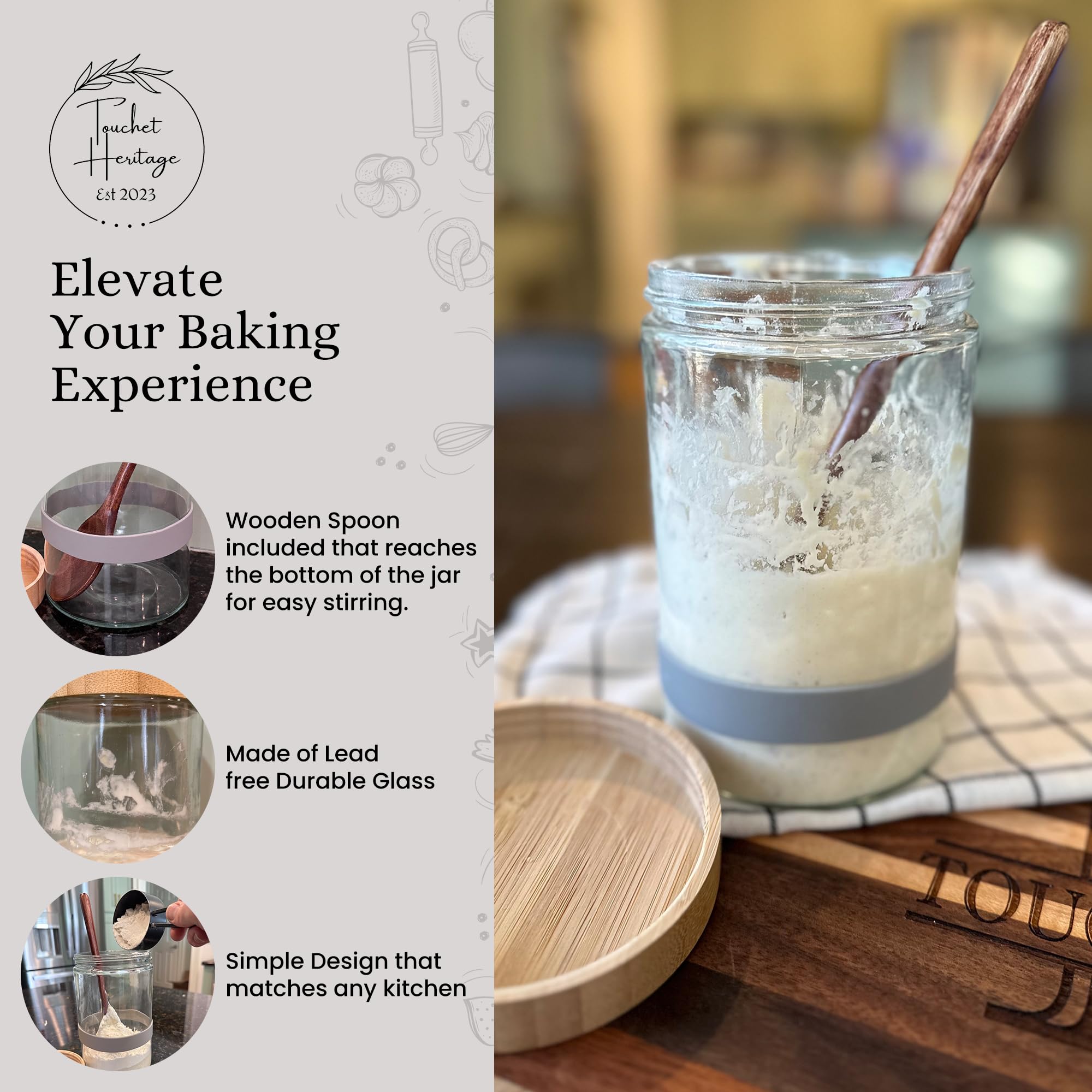 Touchet Heritage Sourdough Starter Jar (32oz) | Sourdough Starter Kit | Thick, Durable Glass w/Bamboo Lid | 6.5” x 4" | Wide Mouth Glass Jar for Sourdough with Wooden Spoon & Silicone Measuring Band