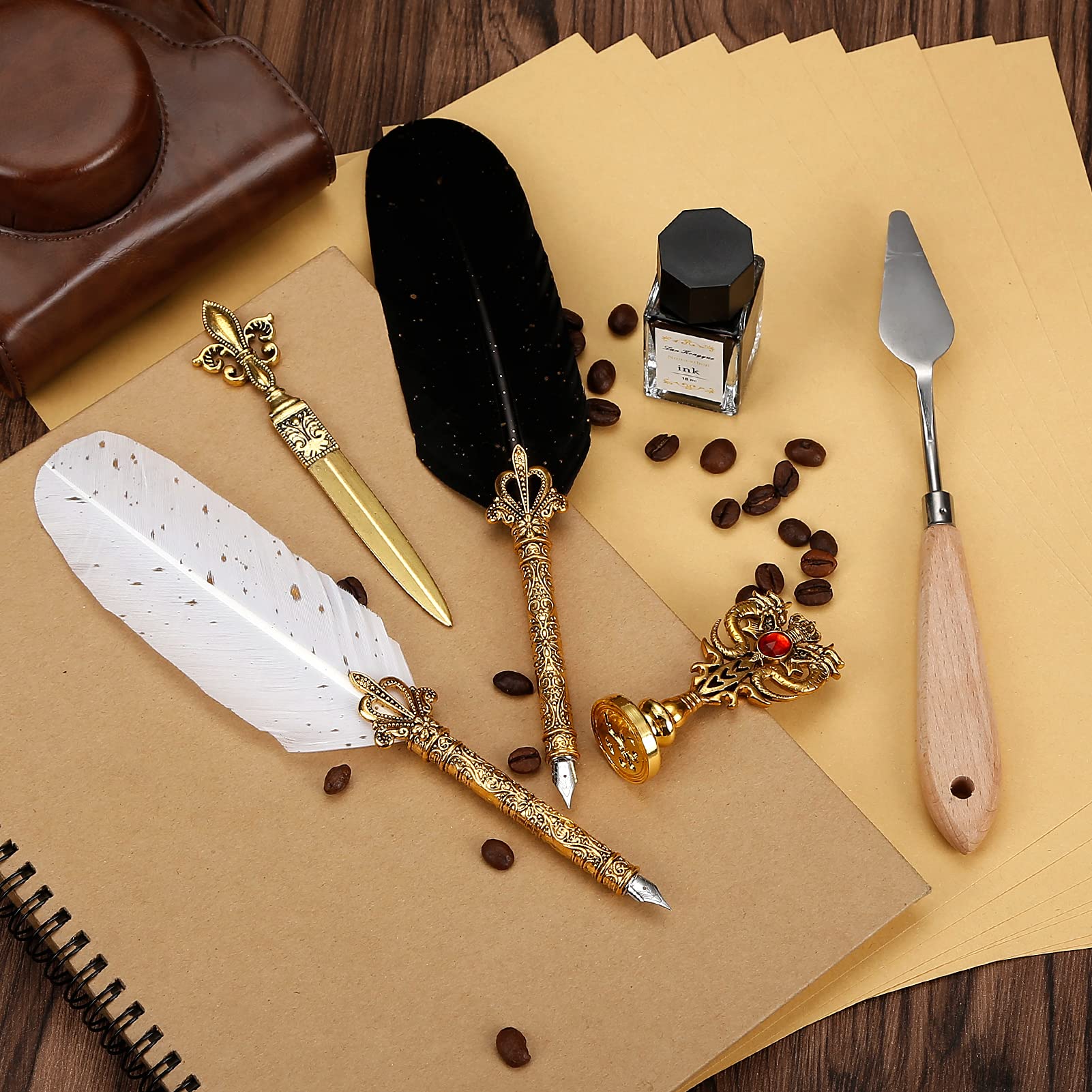 FunWr1te Quill Pen and Ink Set - Antique Goose Feather Calligraphy Pen Set Includes Dipping Pen, 5 Replacement Nibs, Ink, Letter Opener and Pen Holder (Black)