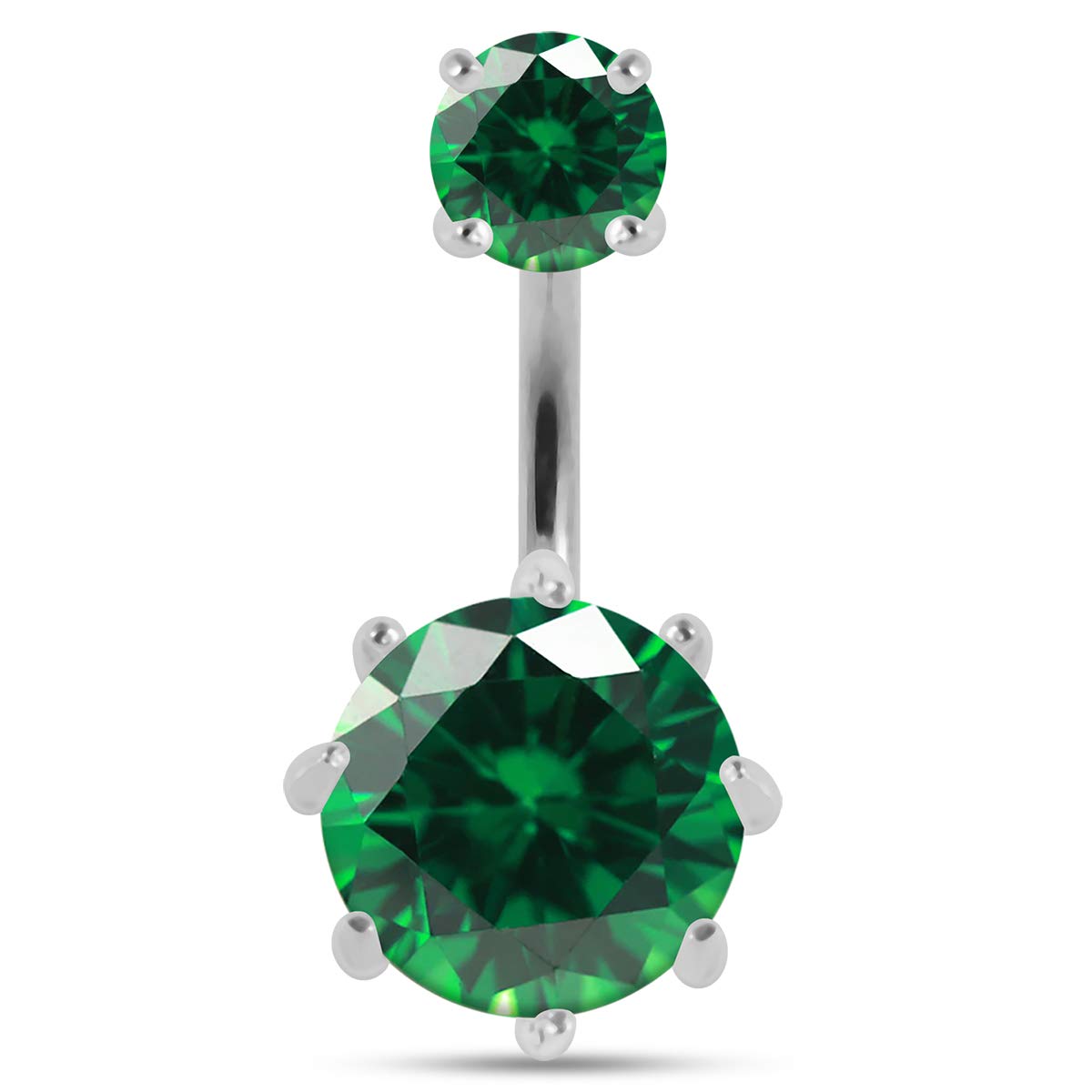 Emerald Green Claw Set 6MM and 10MM Round CZ Stone 925 Sterling Silver Double Side Belly Button Ring Jewelry