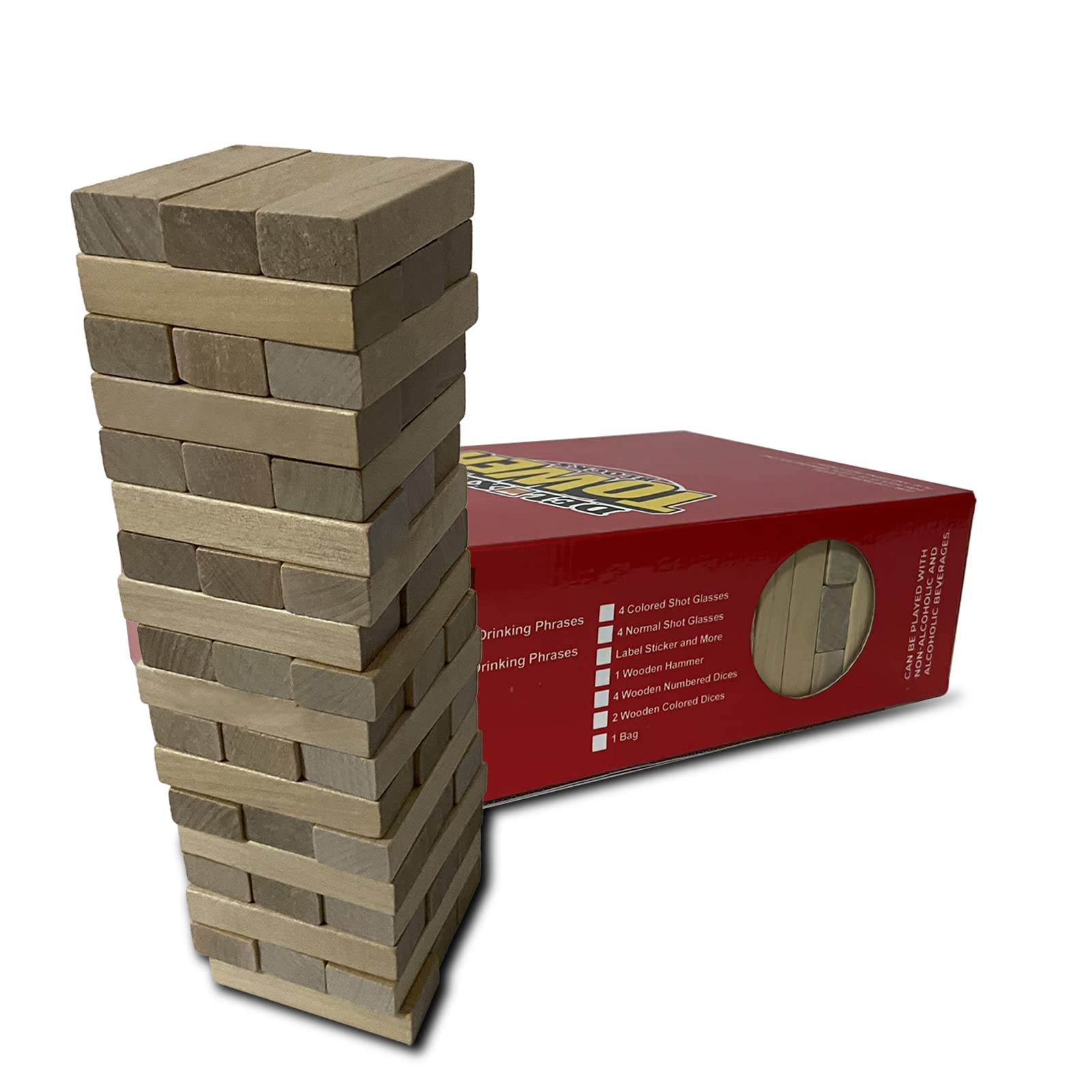 MINSN PTY Tower Blocks Game Classic Wood Stacking Game 54 Pieces with 4 Cups for Family and Party Red Wood Color