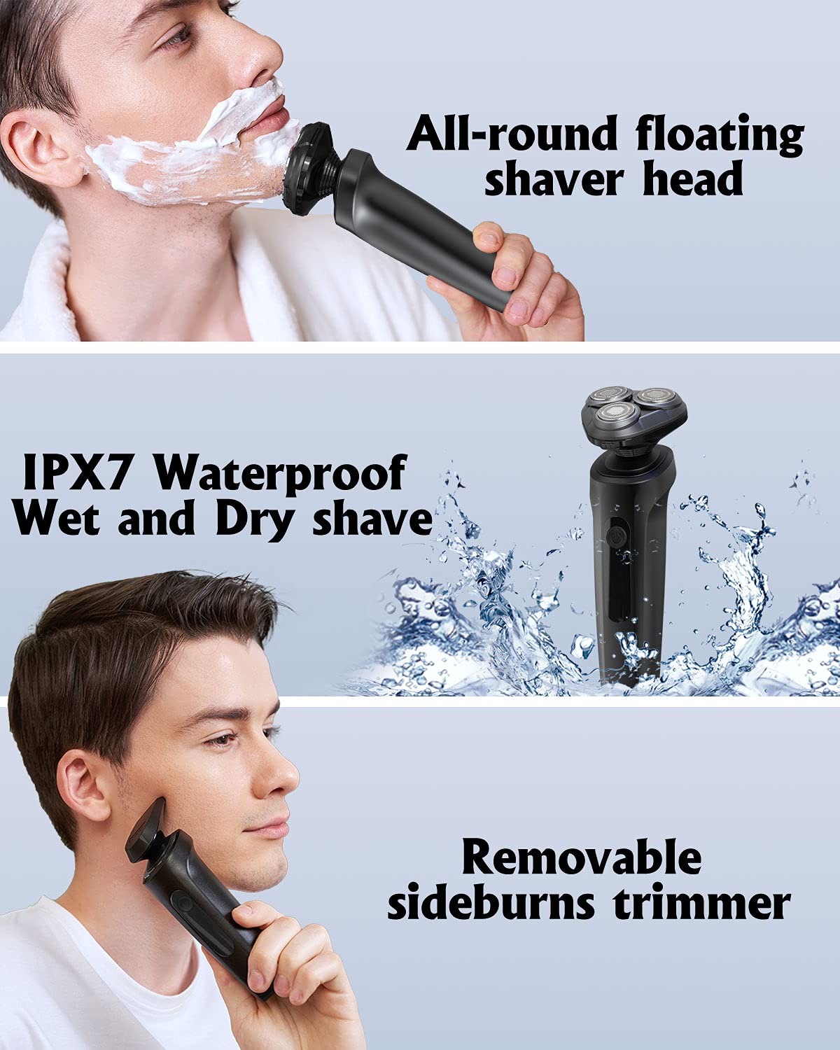 Electric Shavers for Men Rechargeable Rotary Razor Waterproof IPX7 Wet Dry with Beard Trimmer USB Type-C Charging by UICINOY