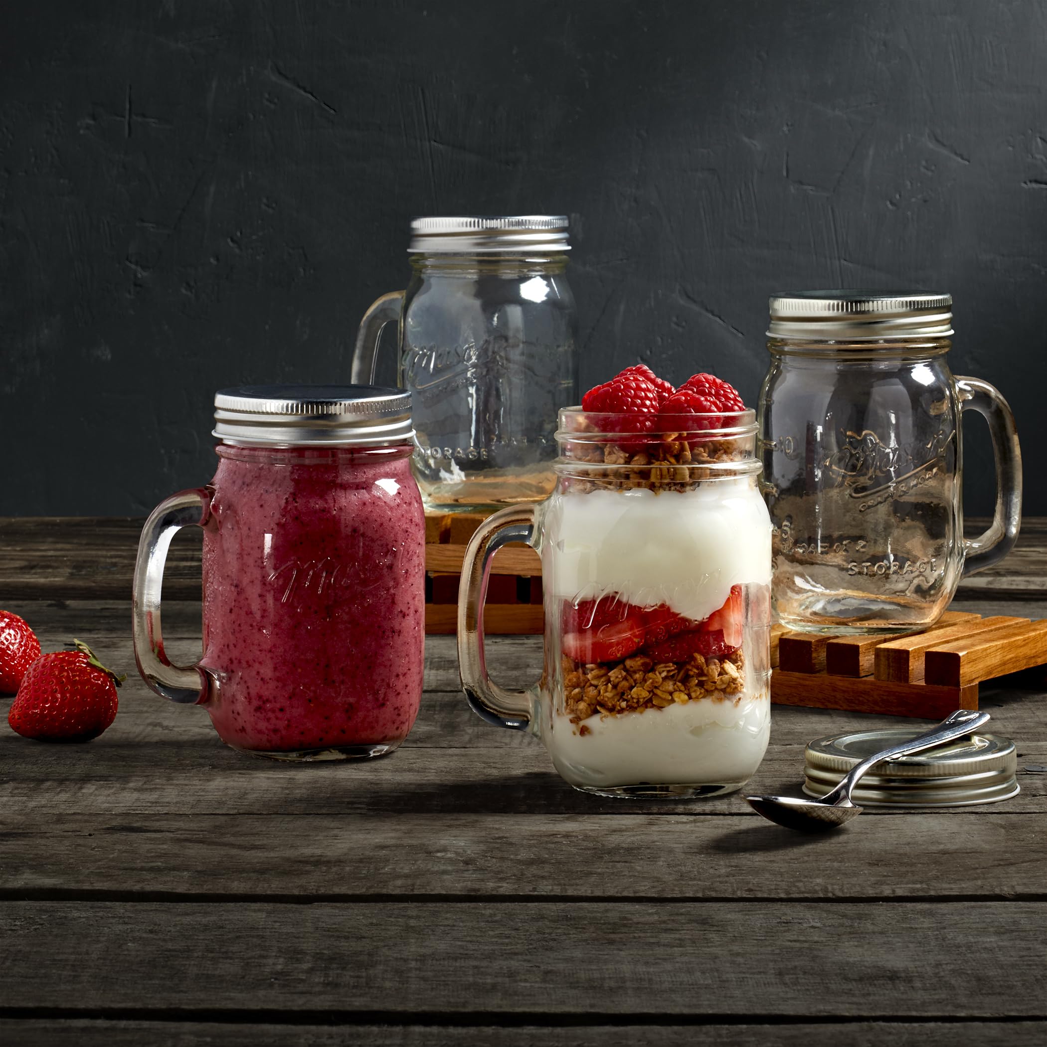 Mason Craft & More 8-Piece Glass Drinking Jars Tumblers Set with Handles Stainless Steel Lids, 16 oz.