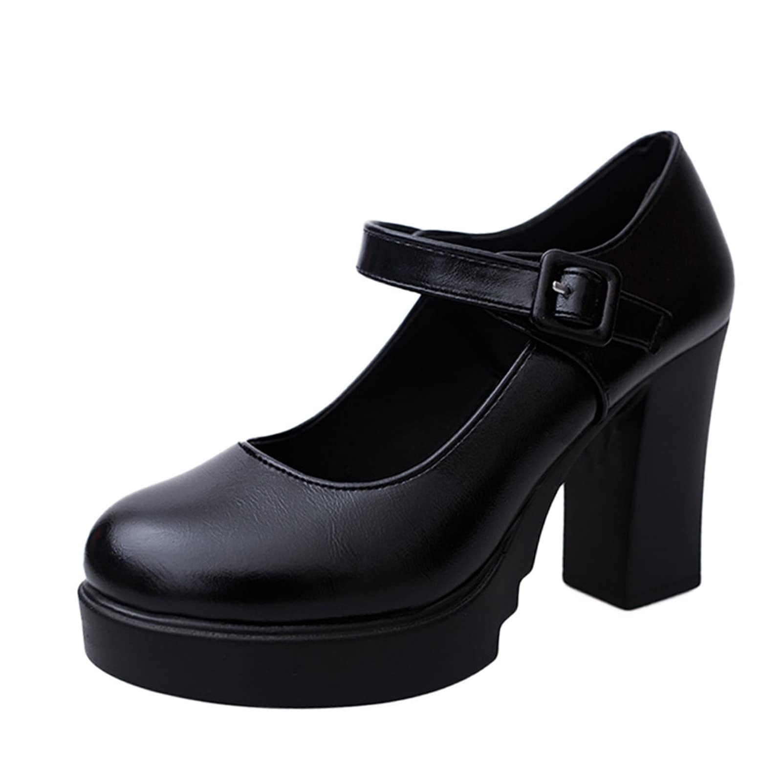 FASDNENDYS Buckle Casual Thick High Shoes Heels Ankle Work Strap Platform Women Heel Pumps Womens Boots That Lace up The Back Black