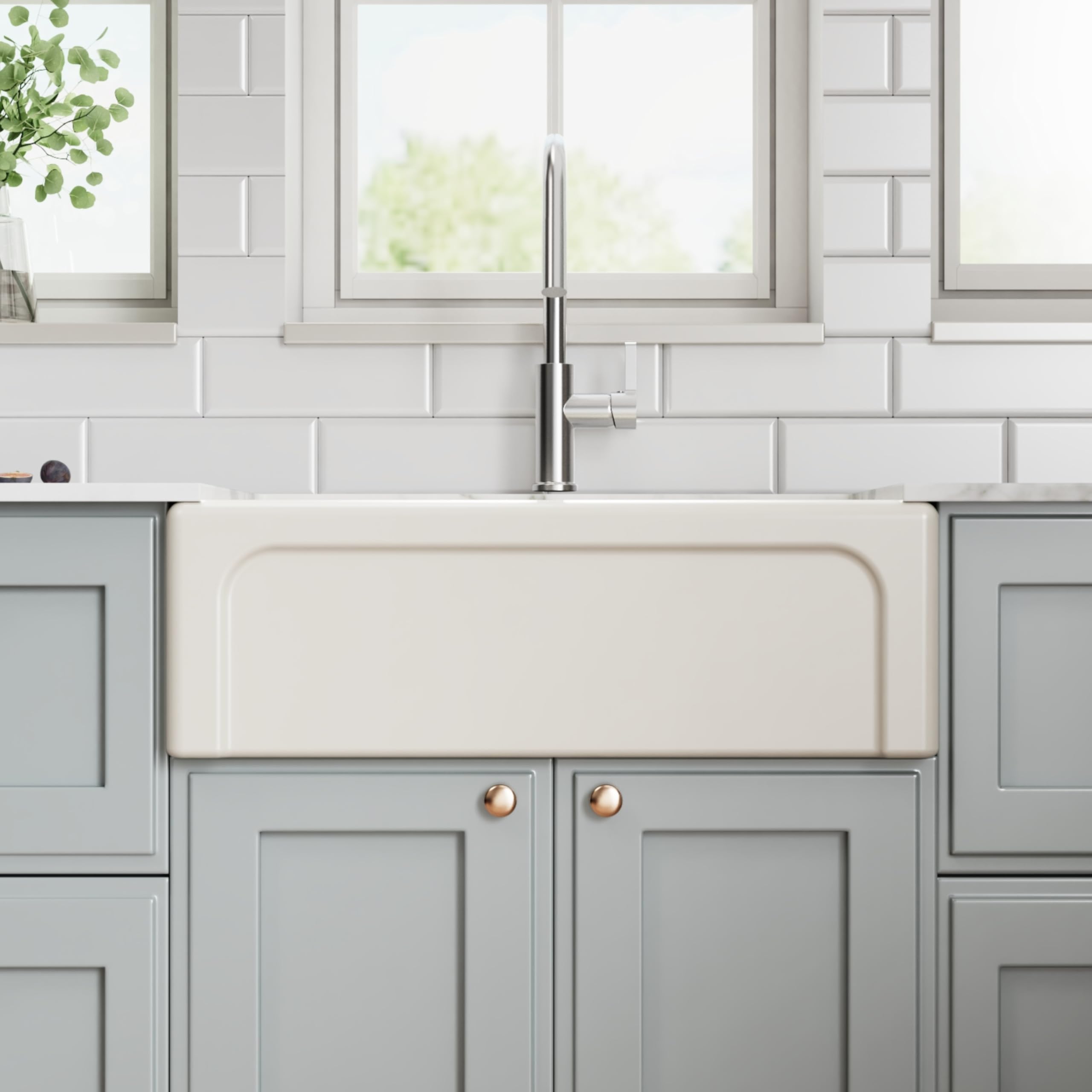ELLAI Farmhouse Sink 30 Inch Beige Fireclay Apron Front Single Bowl Deep Drop In Kitchen Sink Undermount Farm Sink with Bottom Grid & Strainer, 30βx18βx10β Reversible Matte Biscuit