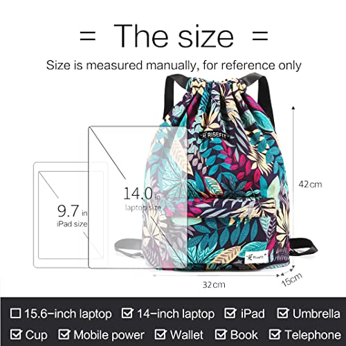 Risefit Water Resistant Drawstring Bag, Gym Bag Sackpack Sports Beach Backpack for Men Women (Blue Leaves)