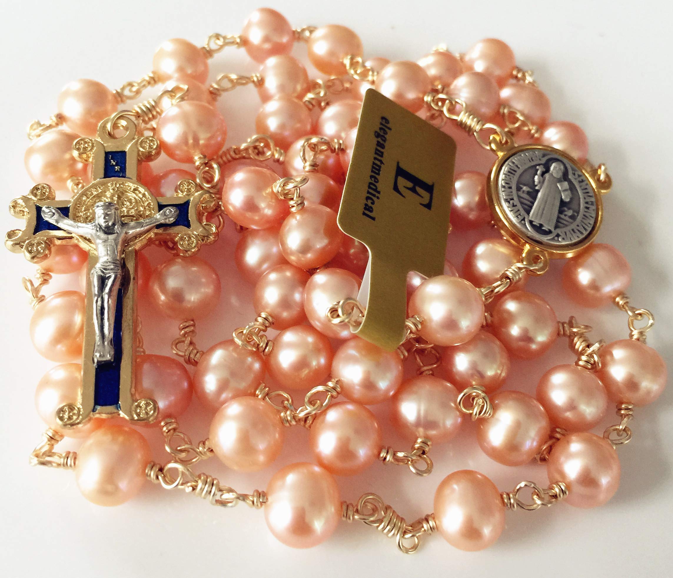 elegantmedical Pink 8mm Real Pearl BEADS St. Benedict GOLD ROSARY CROSS Necklace & box Catholic GIFTS