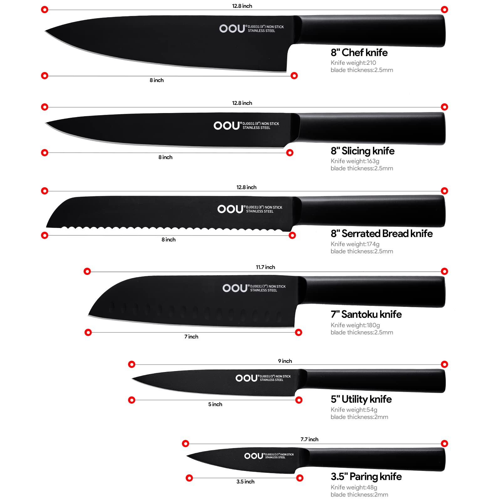Kitchen Knife Set - OOU 6 pieces Professional Stainless Steel knife set, Dishwasher Safe Kitchen Knives - Ultra Sharp Chef Knife Set for Kitchen, Ergonomic Handle
