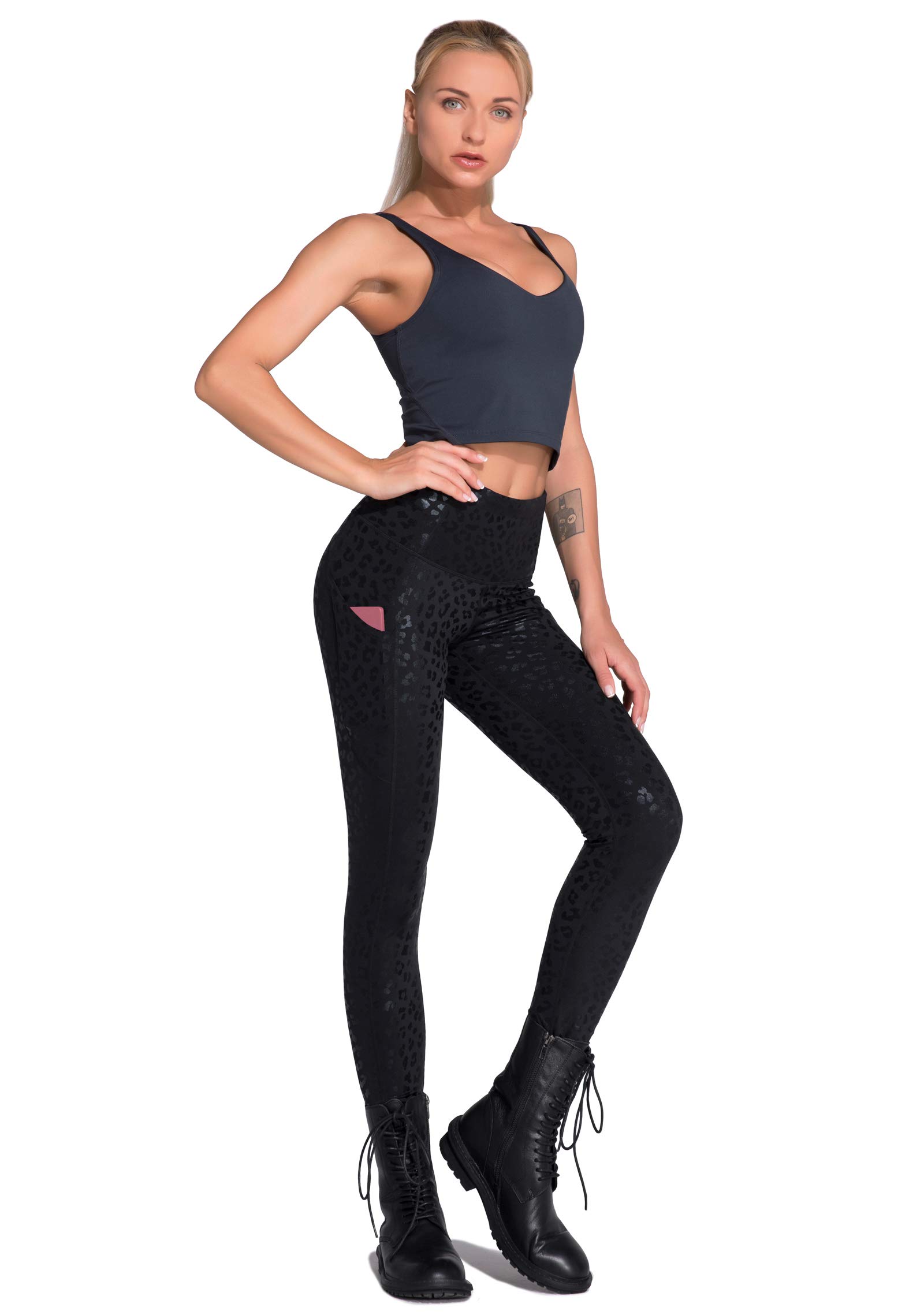 Dragon Fit High Waist Yoga Leggings with 3 Pockets,Tummy Control Workout Running 4 Way Stretch Yoga Pants (Medium, Black Leopard)