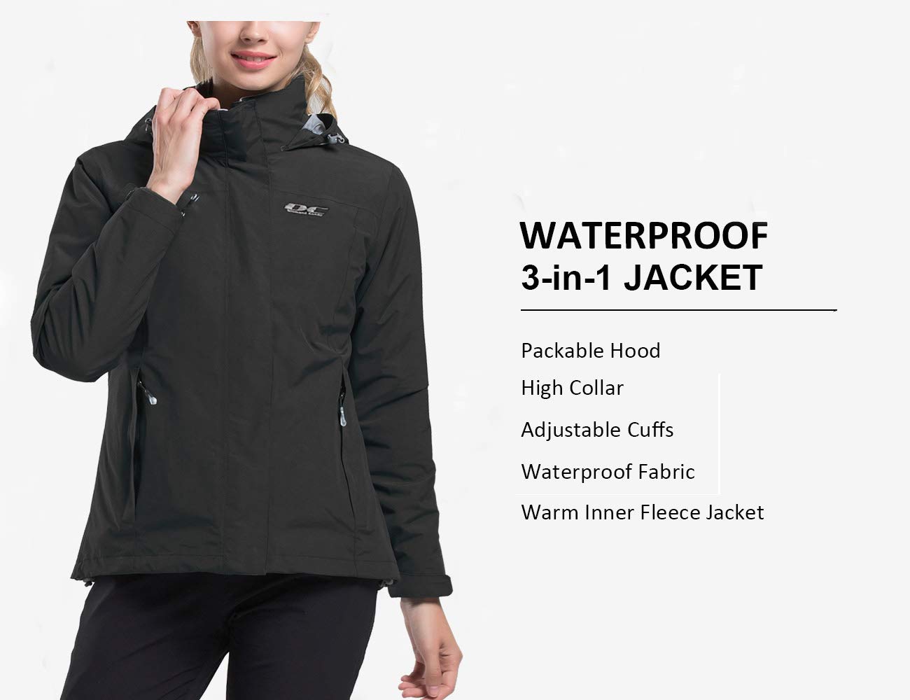 Diamond Candy Womens Winter Coat Waterproof Rain Jacket for Ski, 3 in 1 Fleece Jacket with Hood