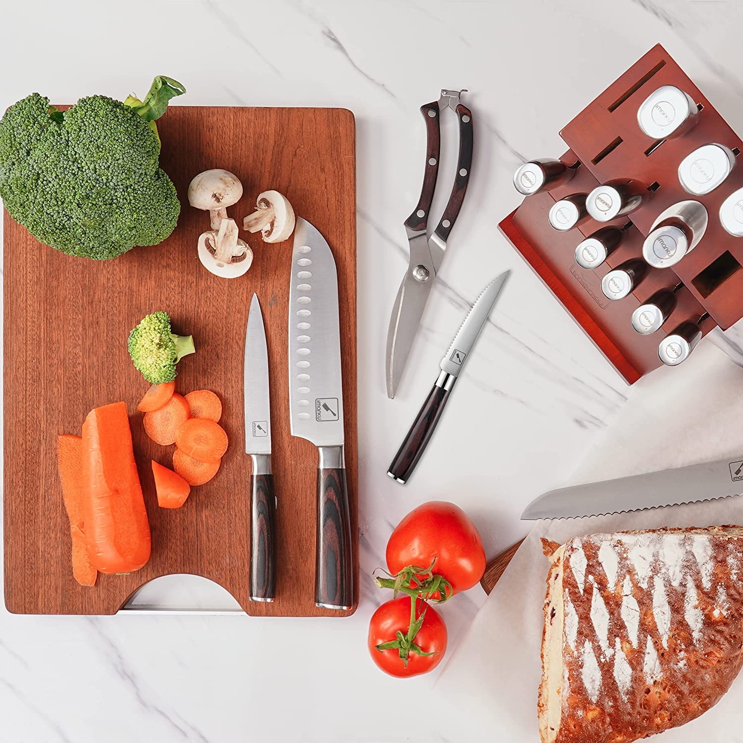 Kitchen Knife Set with Block, imarku 16-Piece Japanese Kitchen Knife Set, Ultra Sharp Stainless Steel Knife Set with Removable Block and Knife Brown