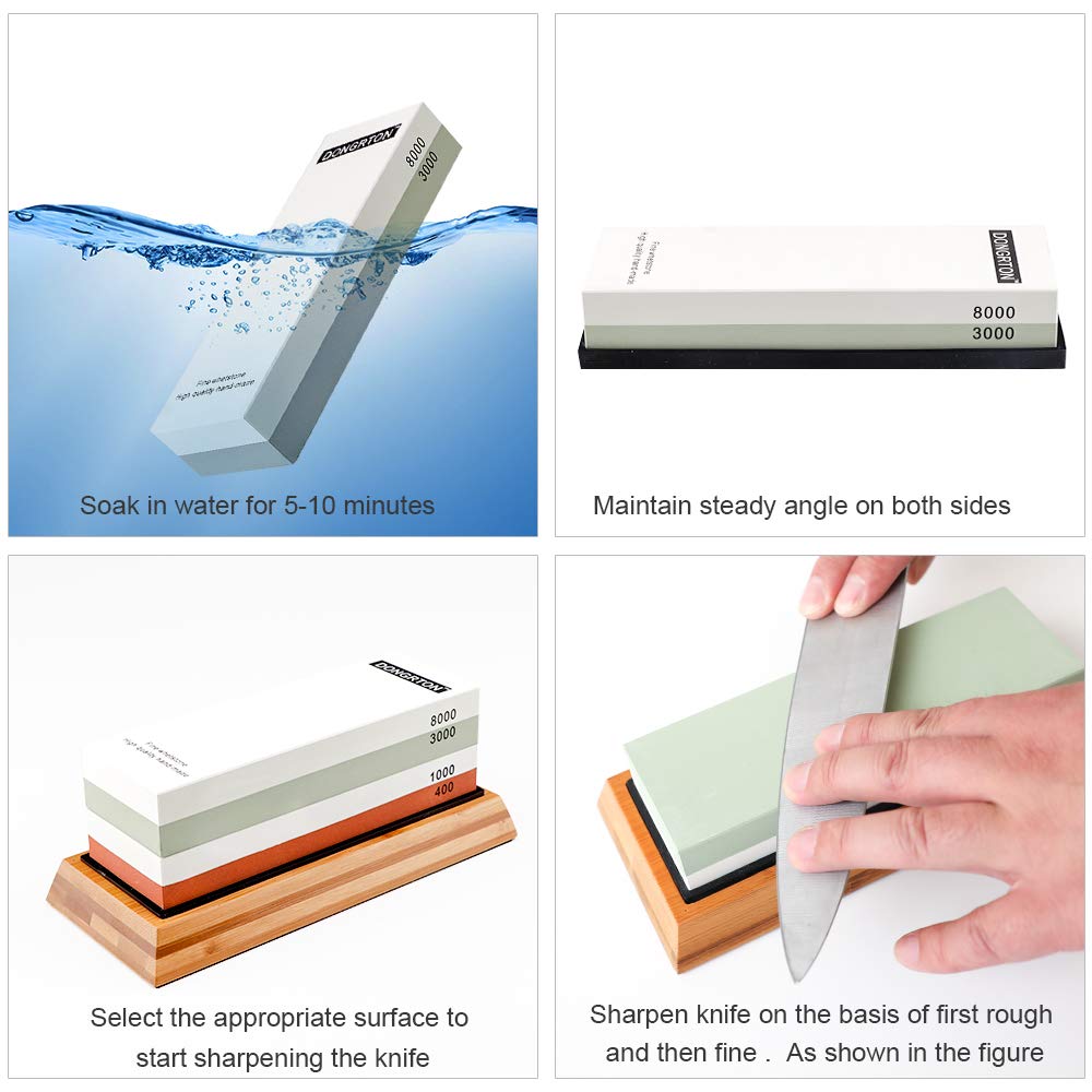 DONGRTON Knife Sharpening Stone Set Premium Whetstone Kit 400/1000 3000/8000 Grit Waterstone for Knife Sharpener Stone Leather Strop Non-Slip Bamboo Base
