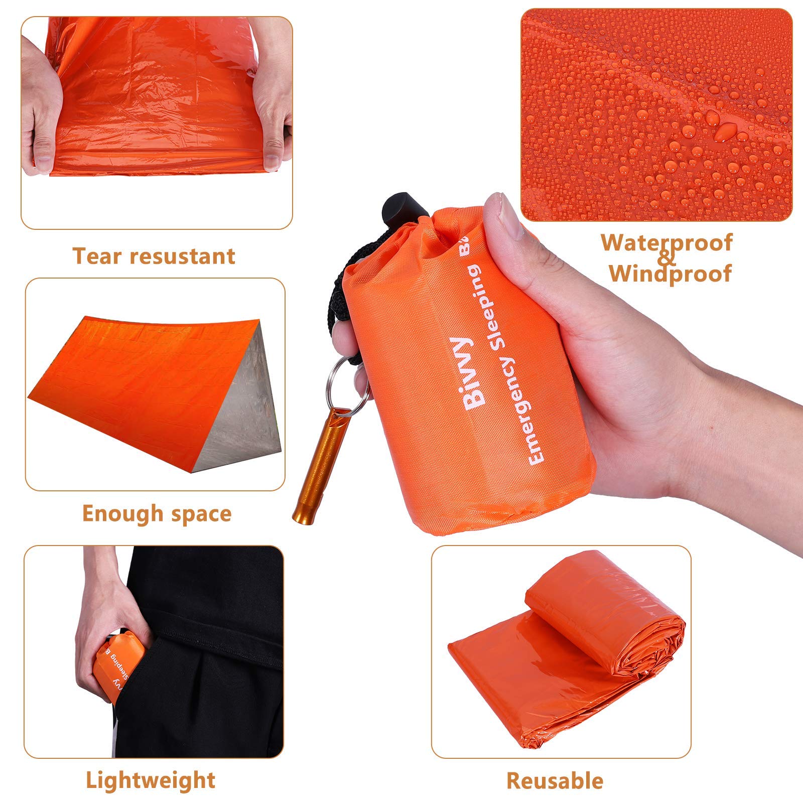 Emergency Survival Sleeping Bag with Stuff Sack and Whistle Waterproof Thermal Bivy Sack Portable Lightweight Emergency Survival Blanket for Camping,Hiking,Outdoor Adventure Activities(2 Pack)