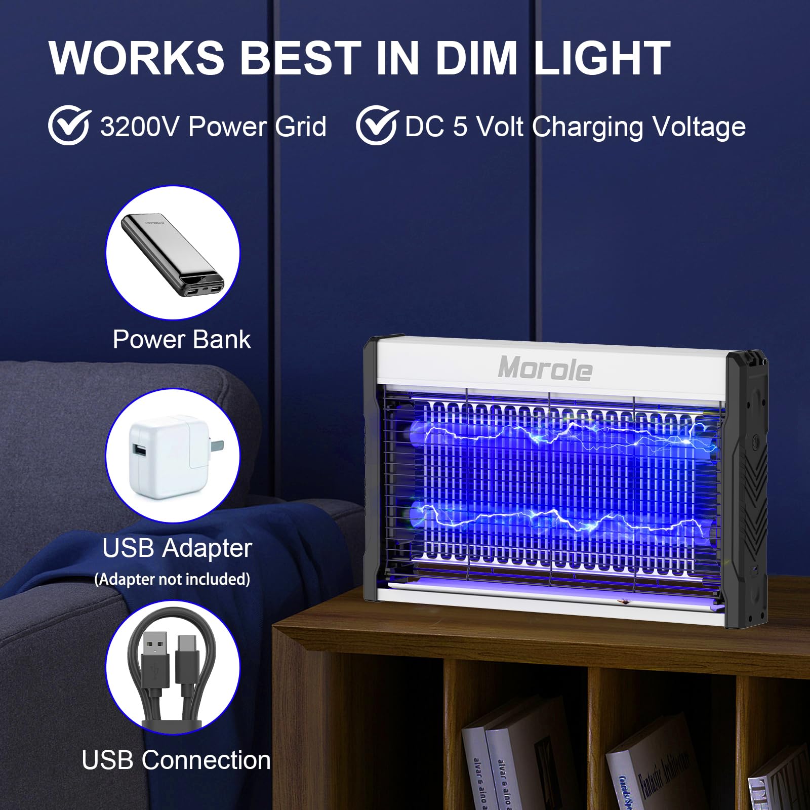 Morole Bug Zapper, 3200V Mosquito Zapper Indoor with Hanging Function, Electric Bug Zapper with Removable Tray, USB Powerful Flying Mosquito Indoor Fly Zapper for Outdoor Kitchen Bedroom Garden