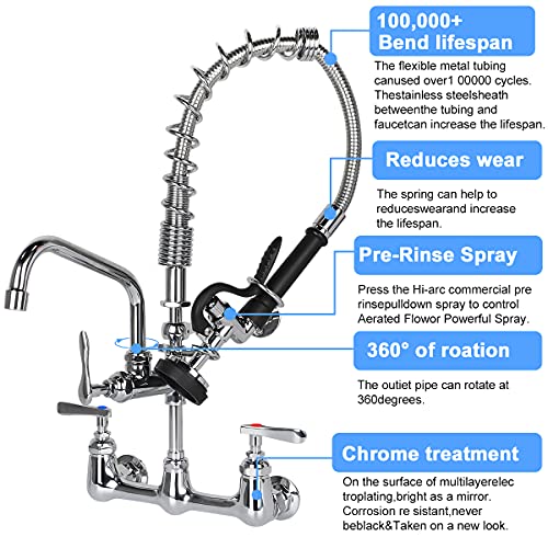 KWODE Wall Mount Commercial Sink Faucet with Pull Down Sprayer 8 Inch Center Pre-Rinse Kitchen Faucet with 21โ Height and 8โ Add-on Swivel Spout, Brass Constructed, Chrome Finish