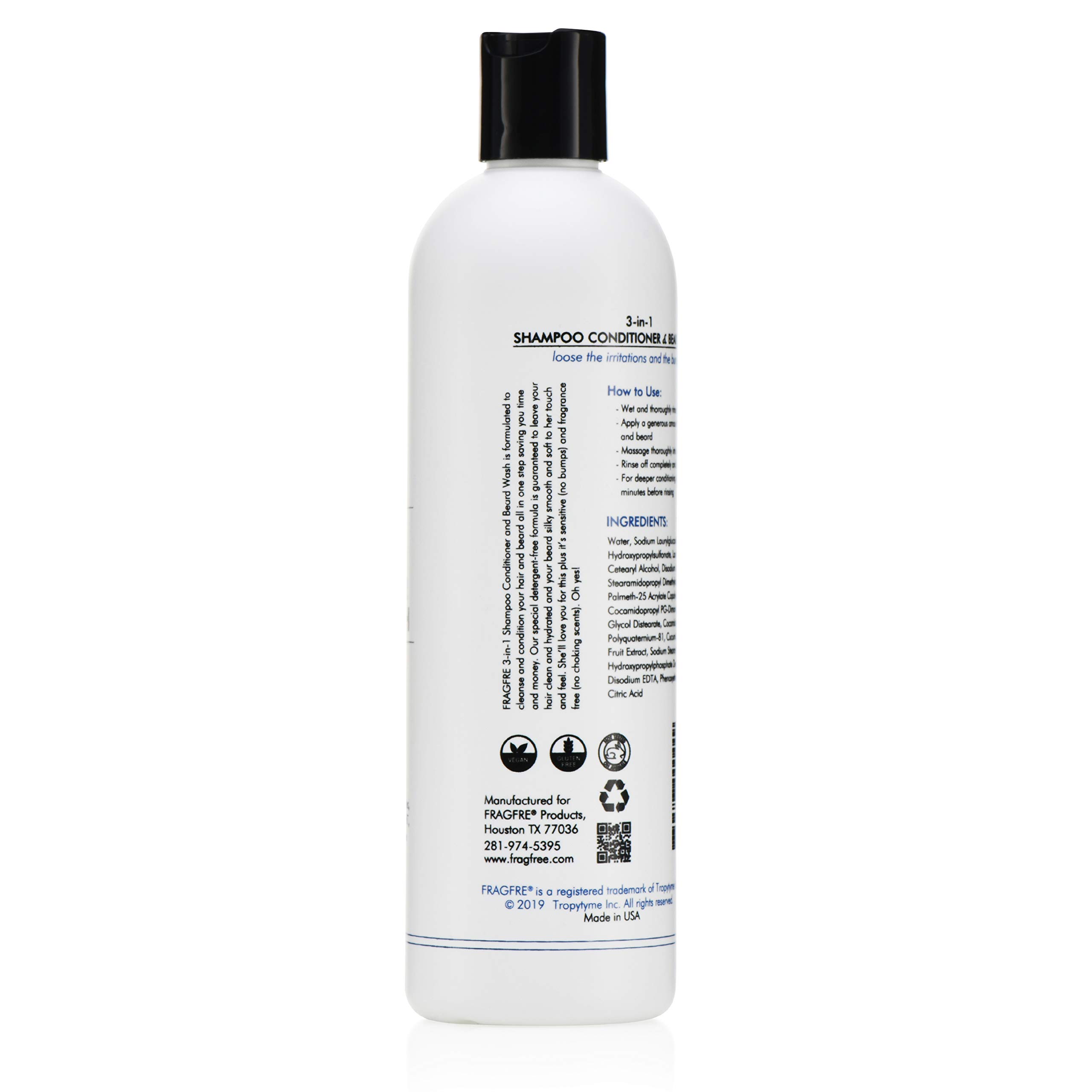 FRAGFRE 3 in 1 Shampoo Conditioner and Beard Wash for Men 12 oz - Unscented Beard Wash for Sensitive Skin - One Step Hair and Beard Cleansing and Conditioning - Saves You Time and Money (1 Pack)