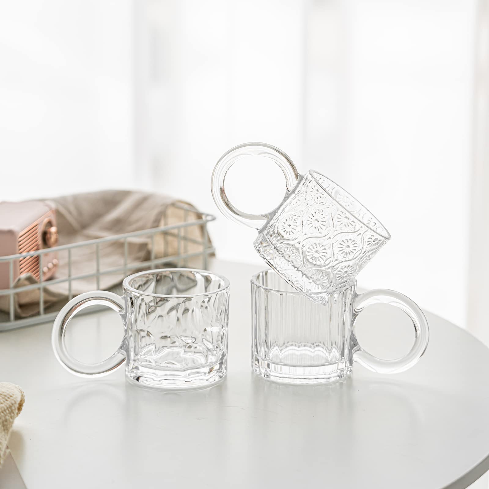 HolaJia Espresso Cups Glass Coffee Mugs 8.4 Oz Set of 2,Clear Embossed Tea Cups,Vintage Glassware with handle,Demitasse Glasses for Cappuccino,Latte,Hot Beverage(Begonia)