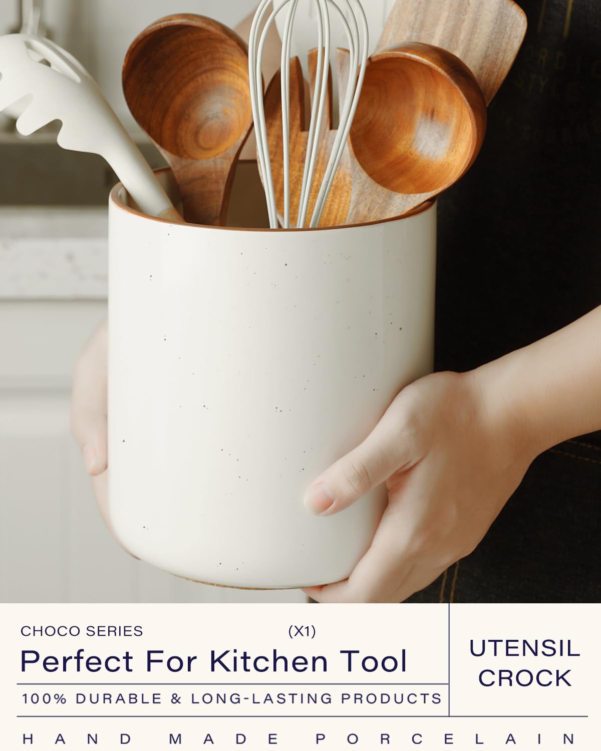 getstar Kitchen Utensil Holder, Large Ceramic Cooking Utensil Holder (H7.2” x W6.2”) for Kitchen Counter with Cork Mat at Bottom, Farmhouse Kitchen Decor