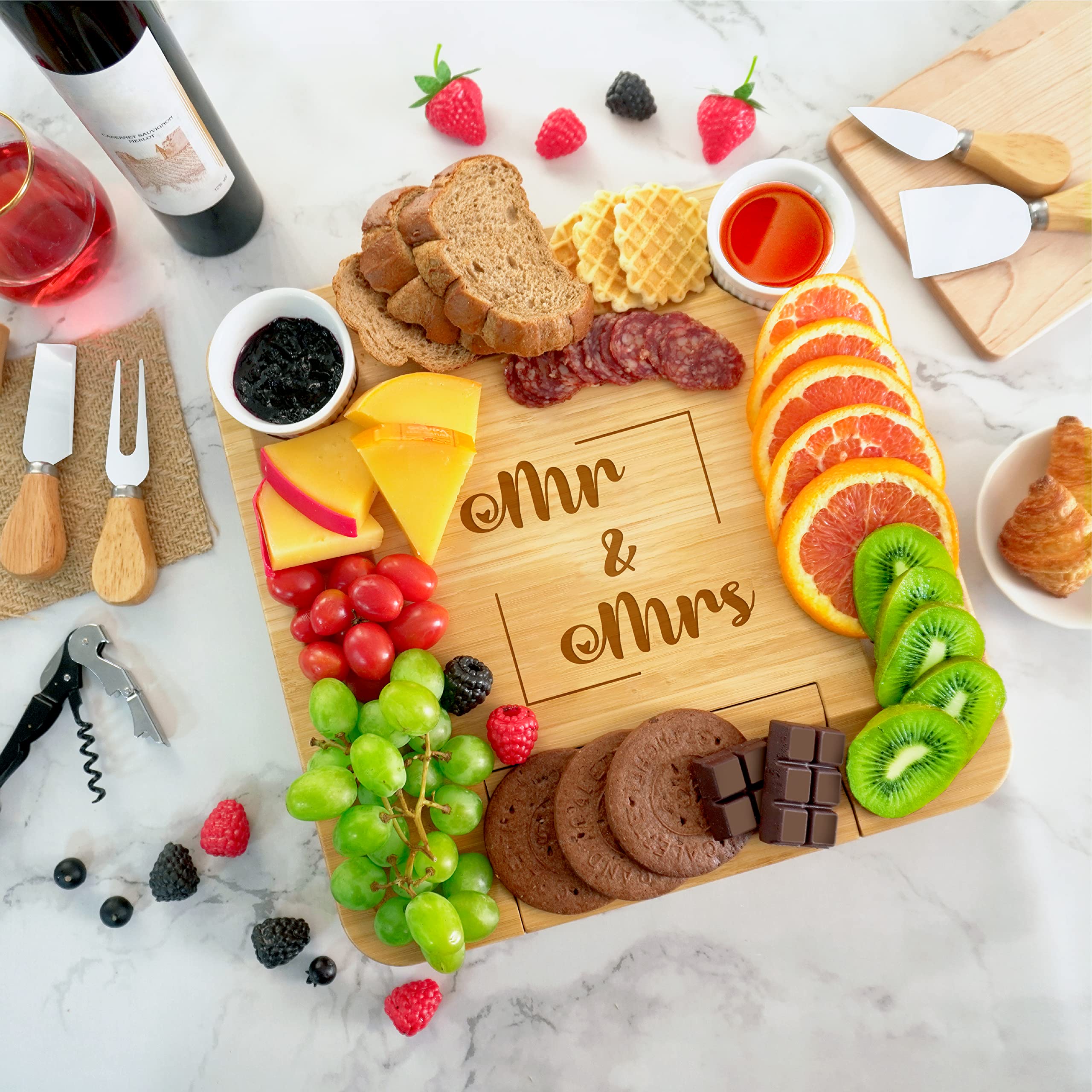 KITCHENVOY Mr. & Mrs. Bamboo Charcuterie Board Engaged Gift Set - Cheese Serving Tray Charcuterie Boards Platter Engagement Gifts for Newlywed Couples - Cheese Board Christmas Just Married Present