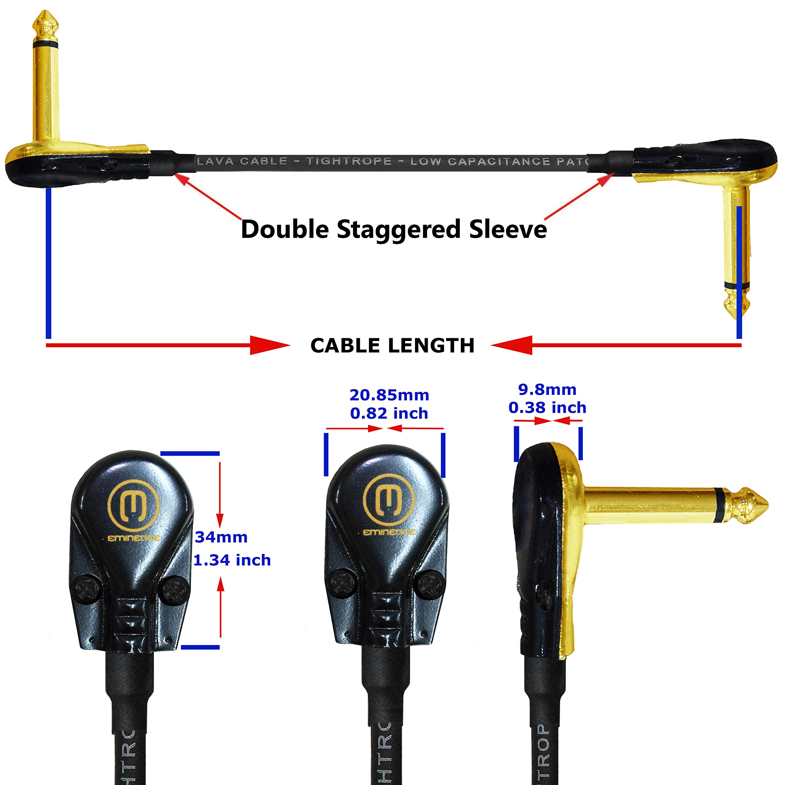WORLDS BEST CABLES Lava Tightrope (Black) - 15 Inch - Guitar Bass Effects Instrument, S-Shaped Patch Cable with Premium Gold Plated ¼ Inch (6.35mm), Right Angle Pancake Type TS Connectors