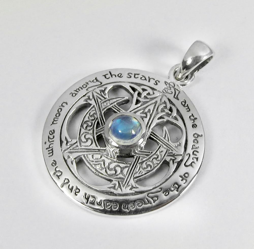 Dryad Design Wiccan Pentacle Pendant - Lunar Goddess Pendant .925 Sterling Silver Rainbow Moonstone Protection Amulet - Pagan Moon Jewelry