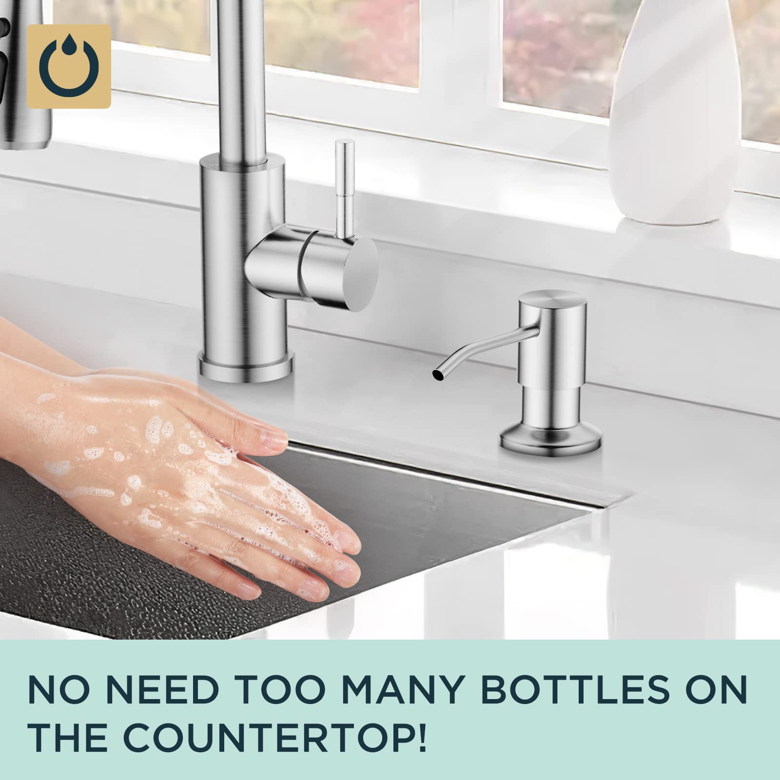 FORIOUS Soap Dispenser for Kitchen Sink, Built in Sink Soap Dispenser, Countertop Soap Dispenser with 500ML/18OZ Bottle, Lotion Dispenser for Kitchen Sink Built in Refill from The Top, Brushed Nickel