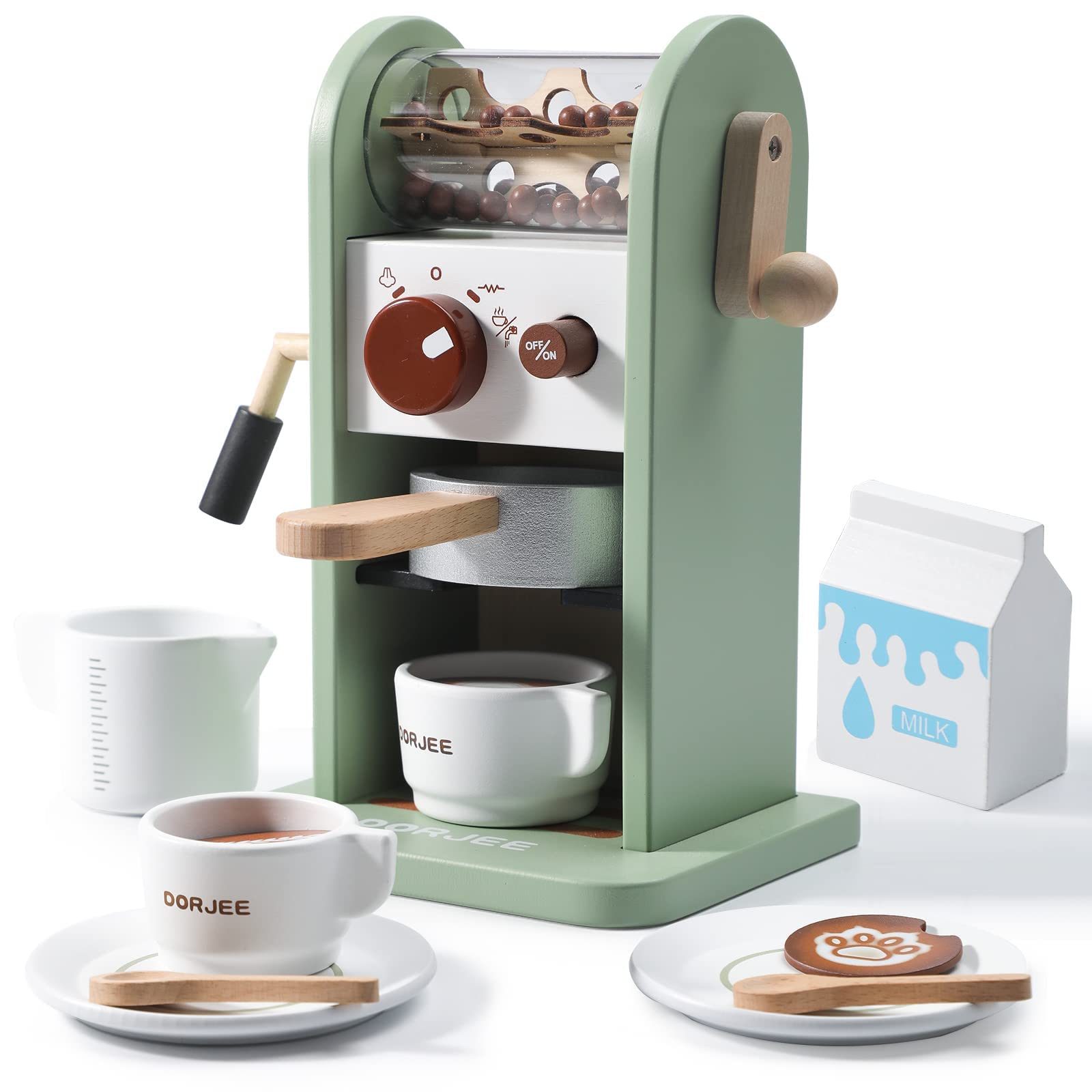 Dorjee Kids Coffee Maker Playset with Grinder, Play to learn Coffee Making Routine, Stimulates Imaginative Pretend Play and Life Skills, Gifts for Toddler Girls and Boys, 14pcs in Wood